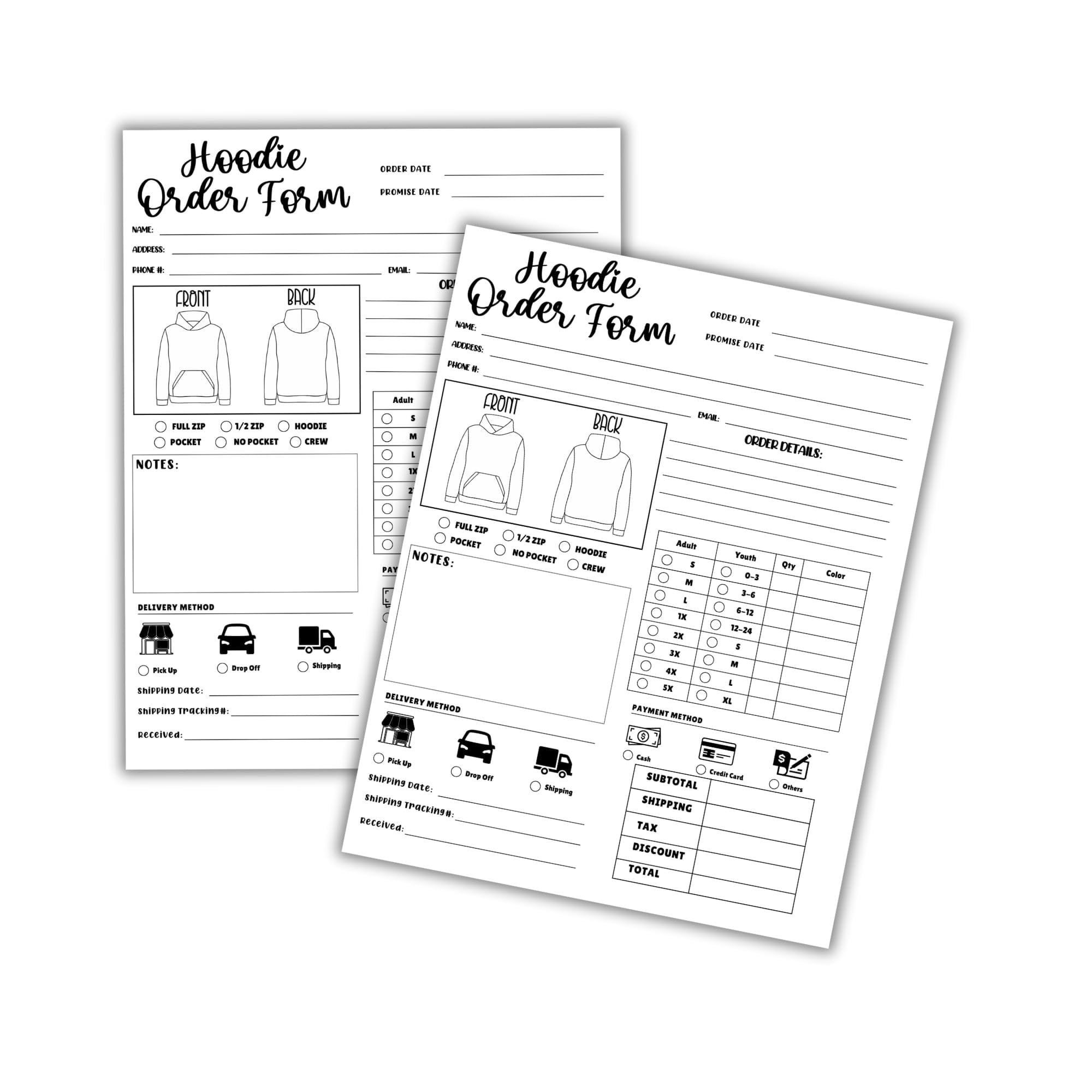 Hoodie Order Form 50 pk 8.5x11 Vinyl Decal Custom T Shirt Log Book ...