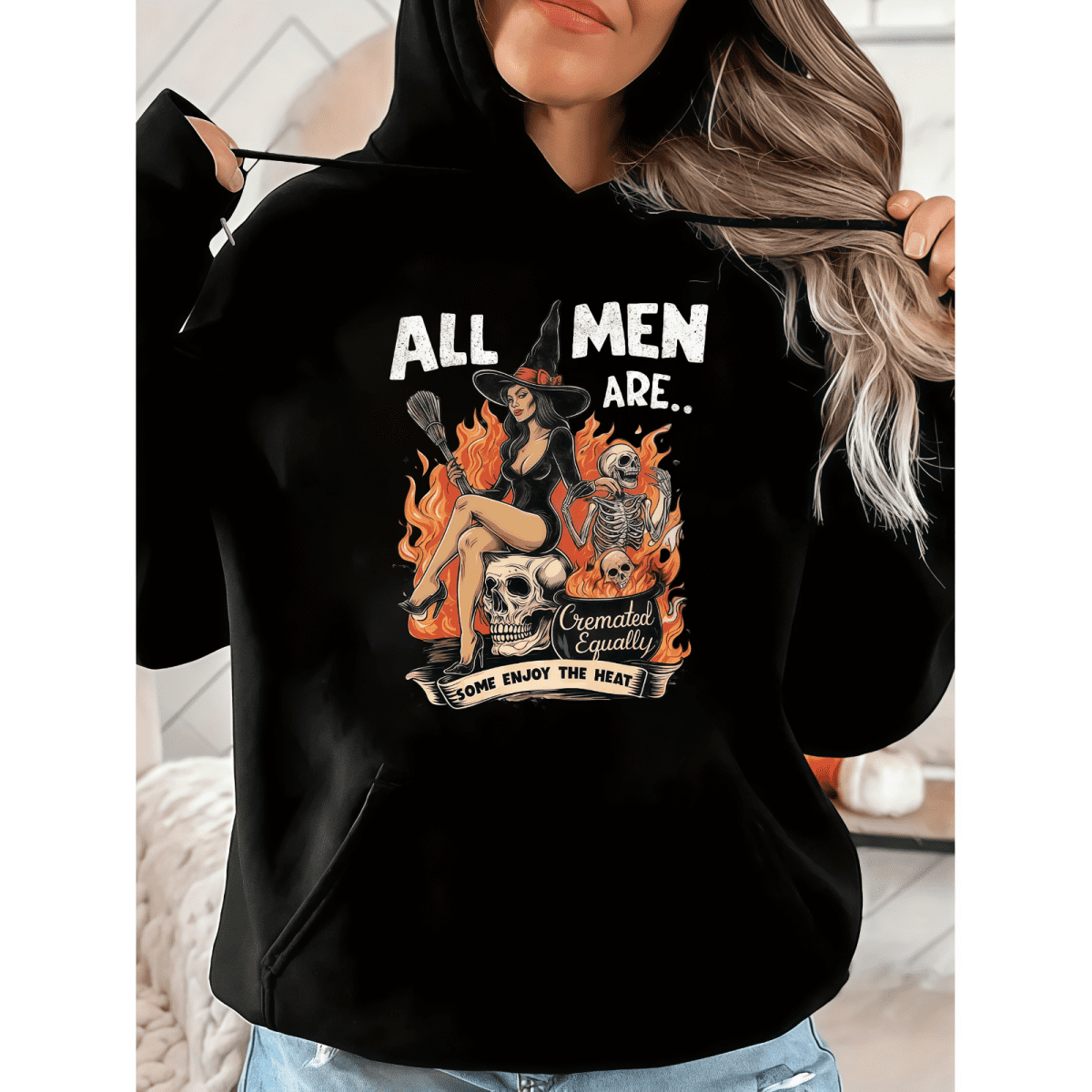 Hoodie with Provocative Dark Humor Vibe Witch, Skulls & Flames Enhance ...