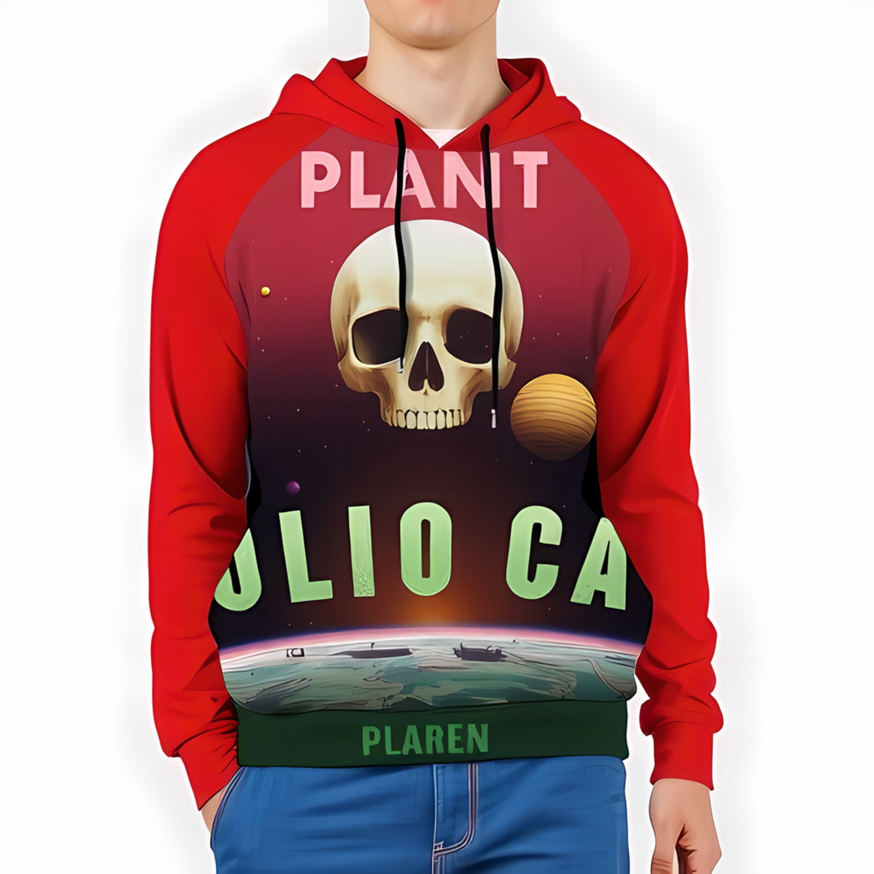 Hoodie - Striking Red with Planets & Stars Vintage Space Design Unique ...