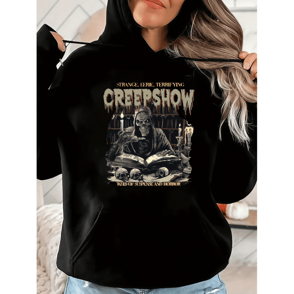 Hoodie with Retro - Horror Creepshow Design Spooky Reaper & Book Art ...