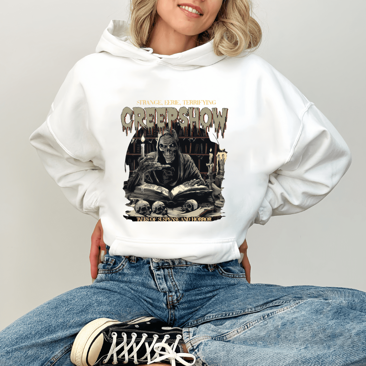 Hoodie with Retro - Horror Creepshow Design Spooky Reaper & Book Art ...