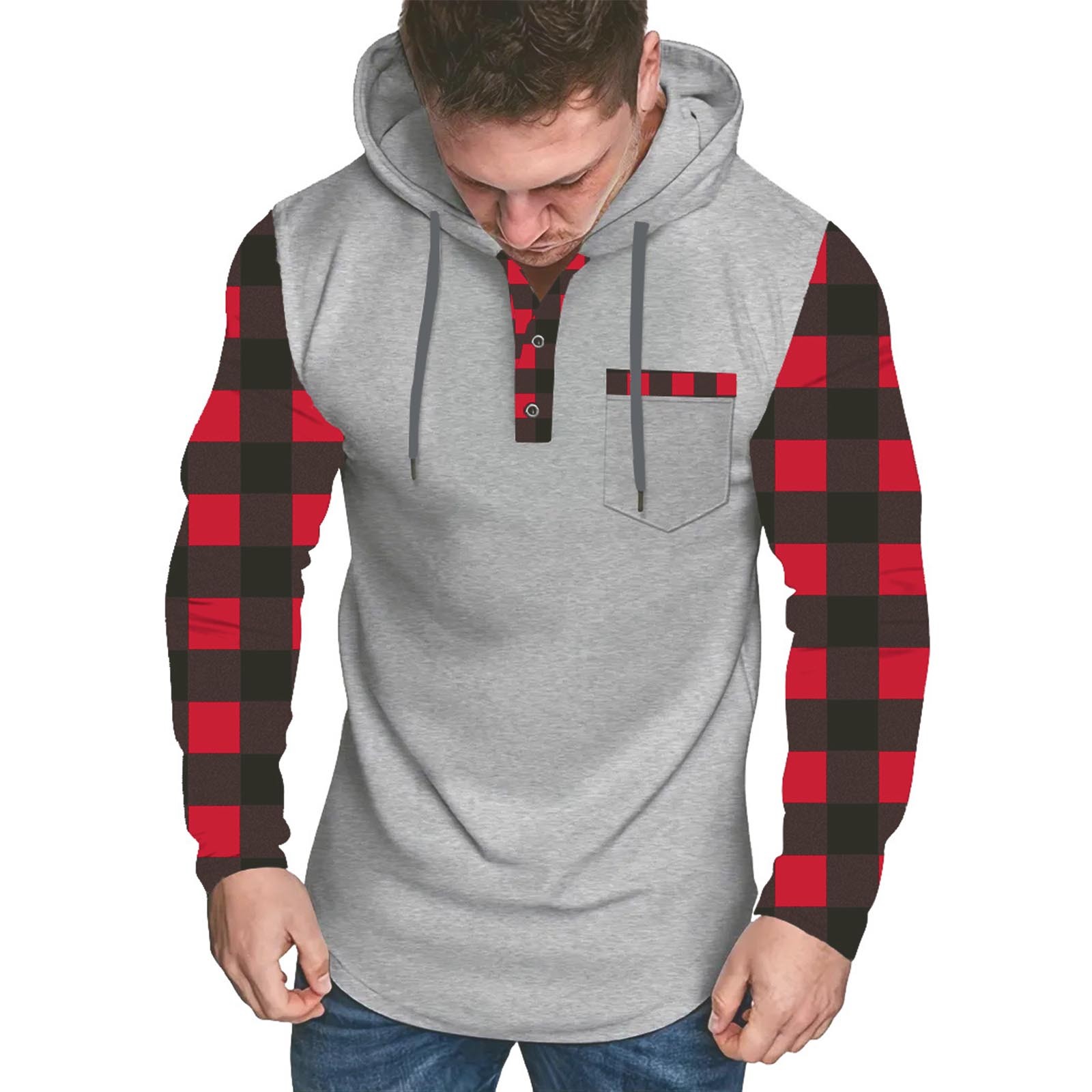 Hoodies for Men Checked Printed Sweatshirts Button Plaid Hoodie Spring ...