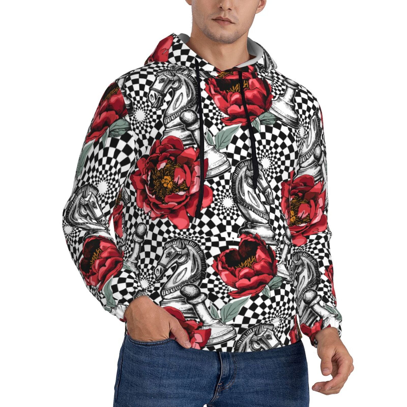 Hoodies for Men - Red Peony Knight Chess checkered Long Sleeve Comfrt ...
