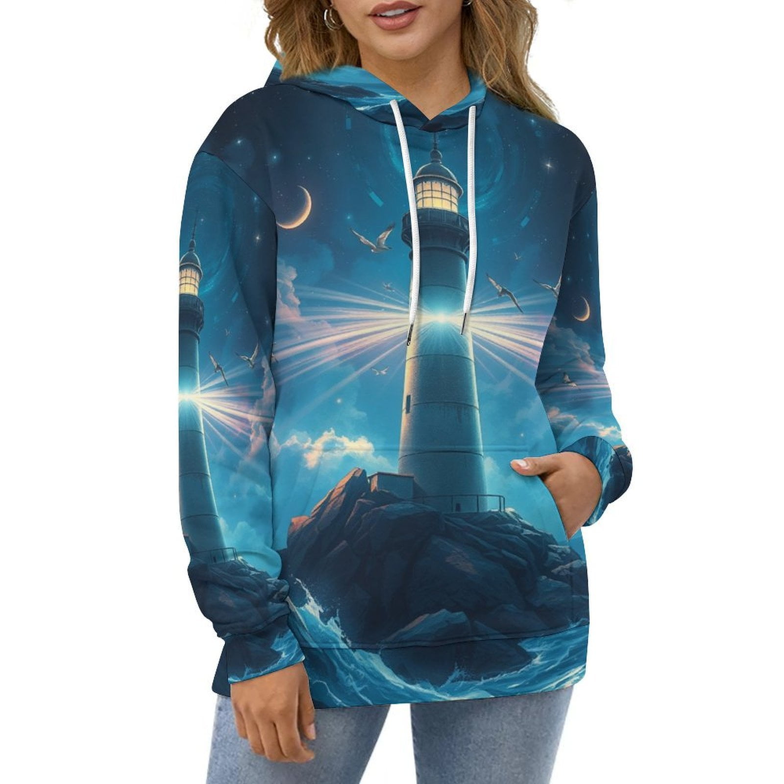 Hoodies Night Sea Lighthouse Long Sleeve Casual Hoodie Winter Oversized ...