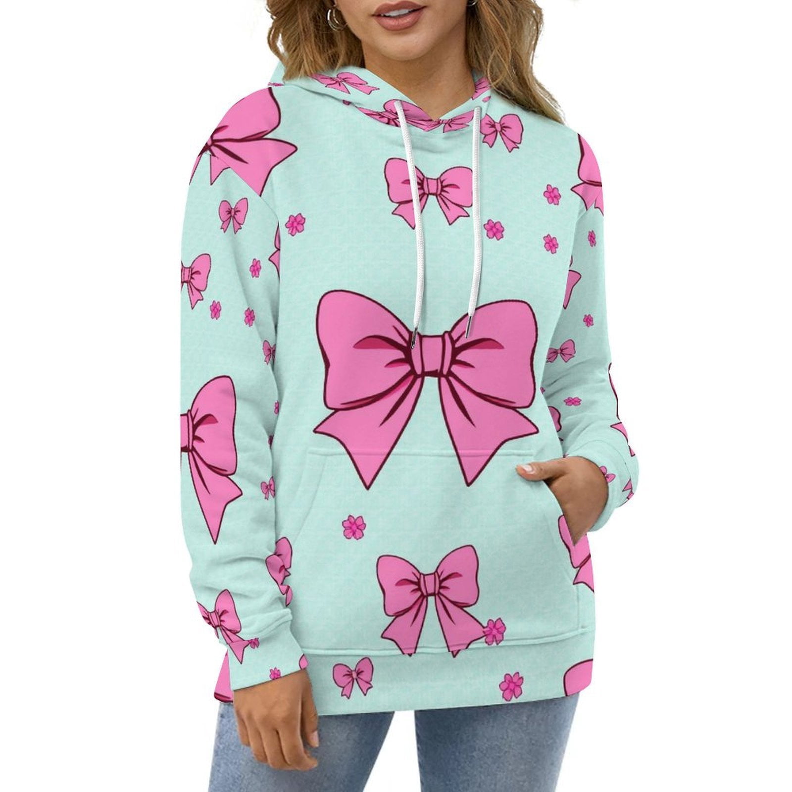 Hoodies Pink Bows Pastel Background Long Sleeve Casual Hoodie Winter ...