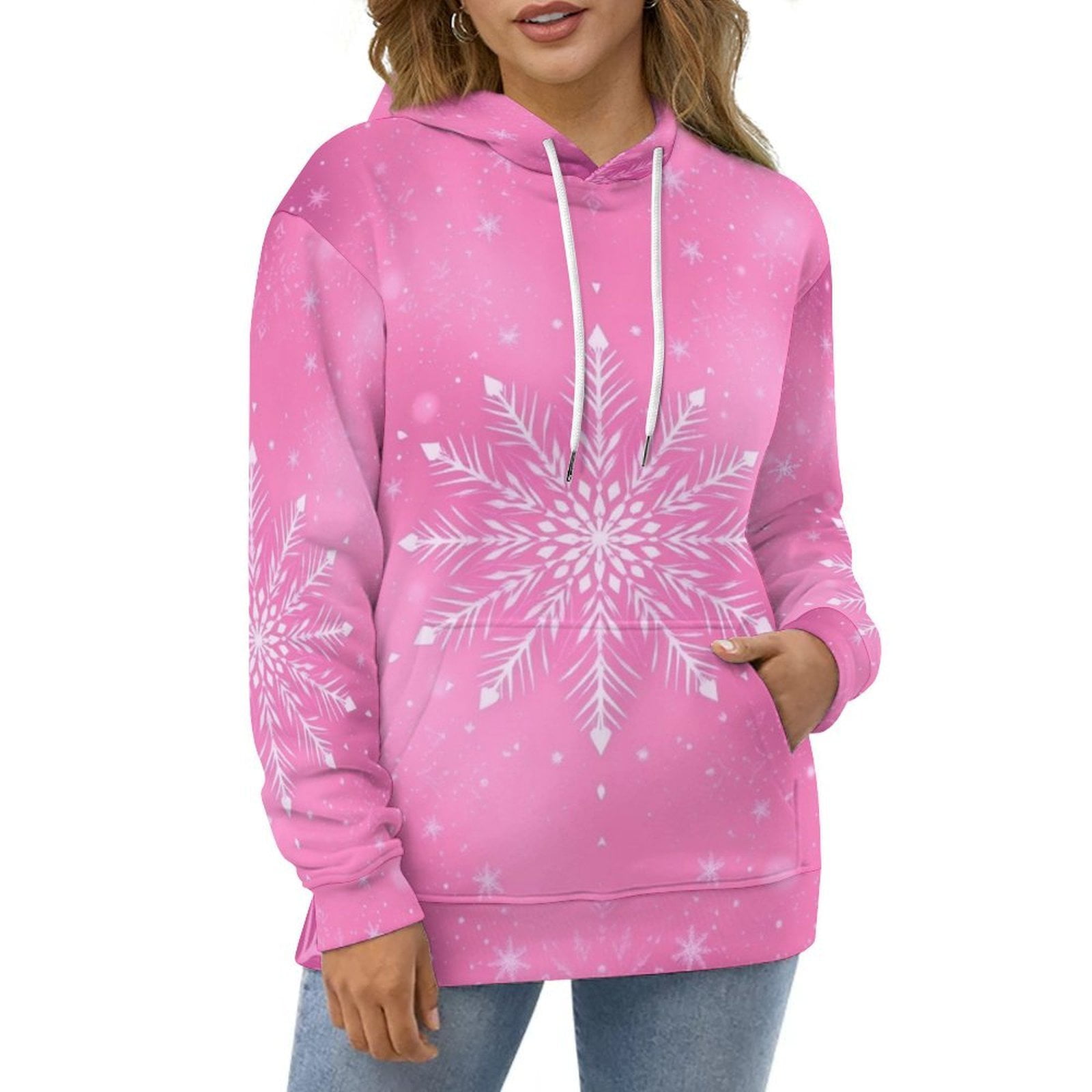 Hoodies Pink Snowflake Background Classic Hoodie Female Long Sleeve ...