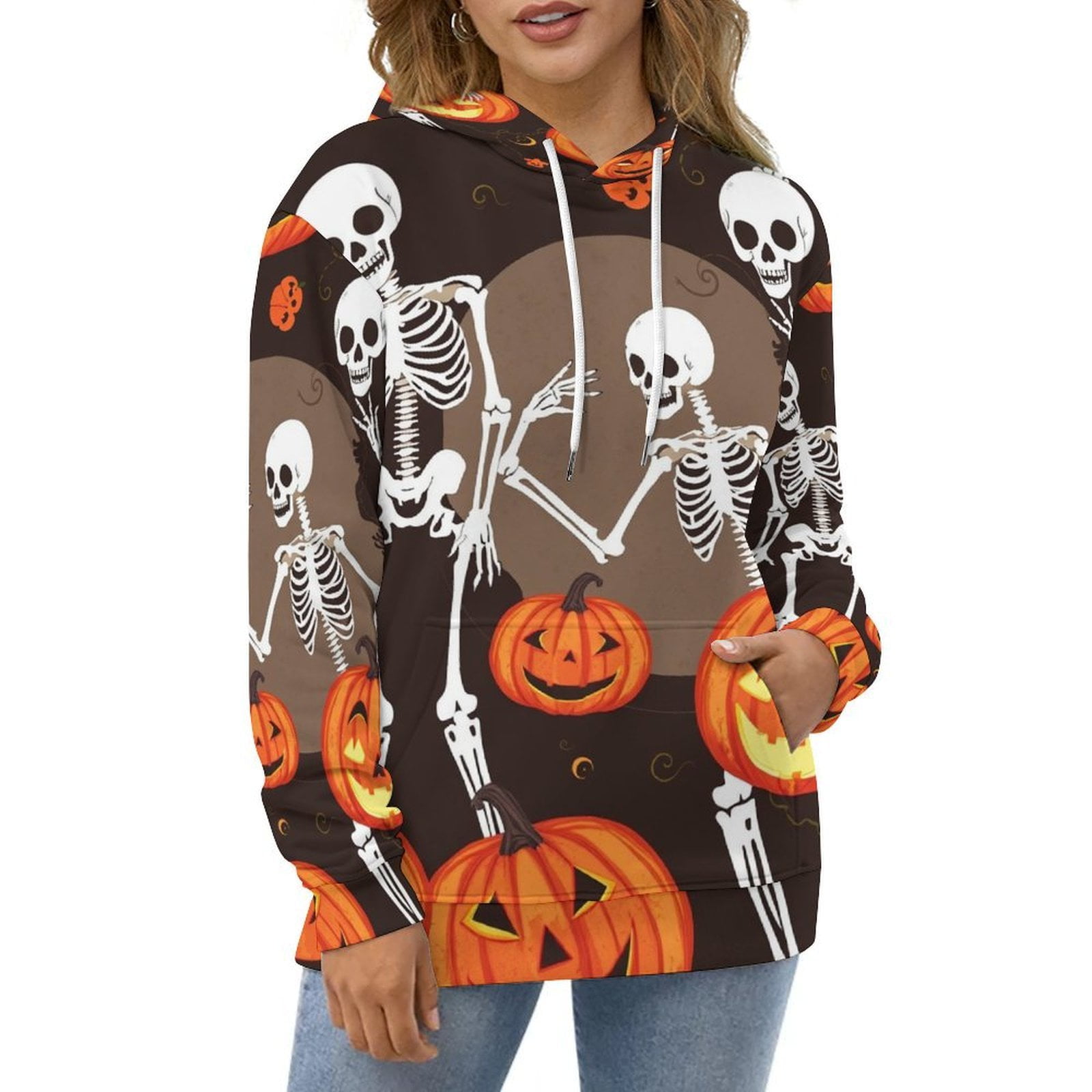 Hoodies Skeletons Pumpkins Halloween Long Sleeve Casual Hoodie Winter Oversized Loose Hooded ...