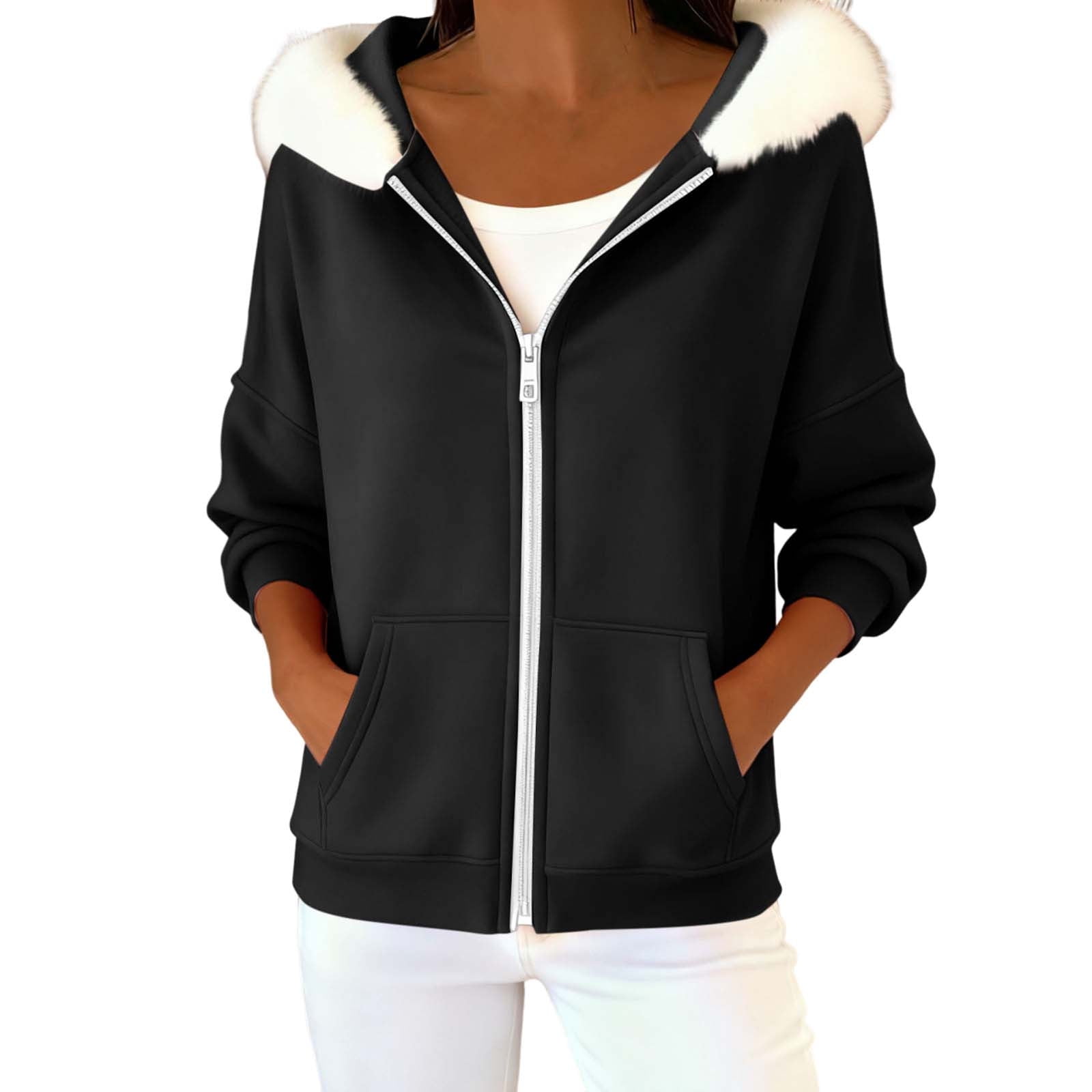 Hoodies Sweatshirts for Women Oversized Fleece Zip Up Long Sleeve Trim ...