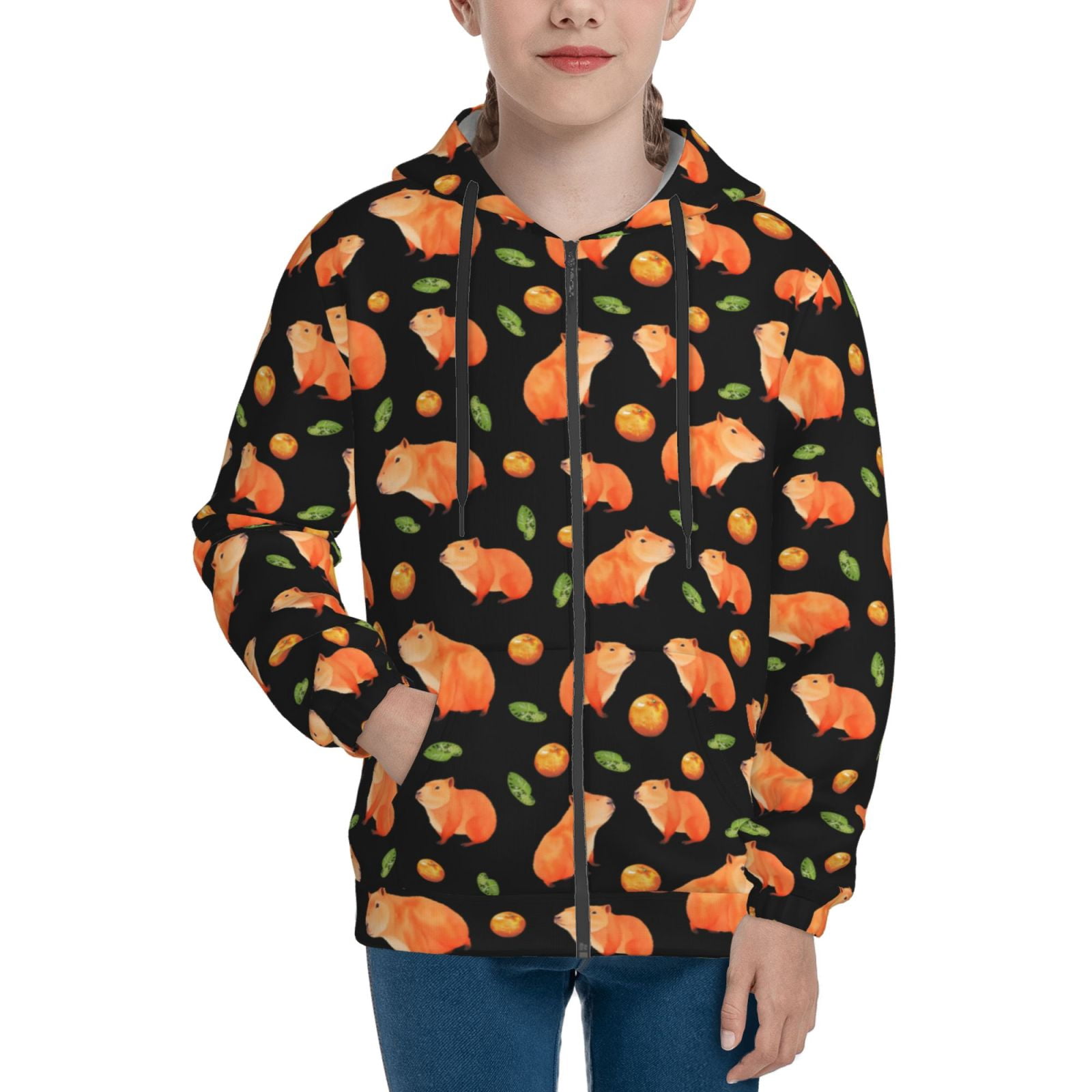 Hoodies for Teen Girls Boys, Orange and Capybara Long Sleeve Youth Kids ...