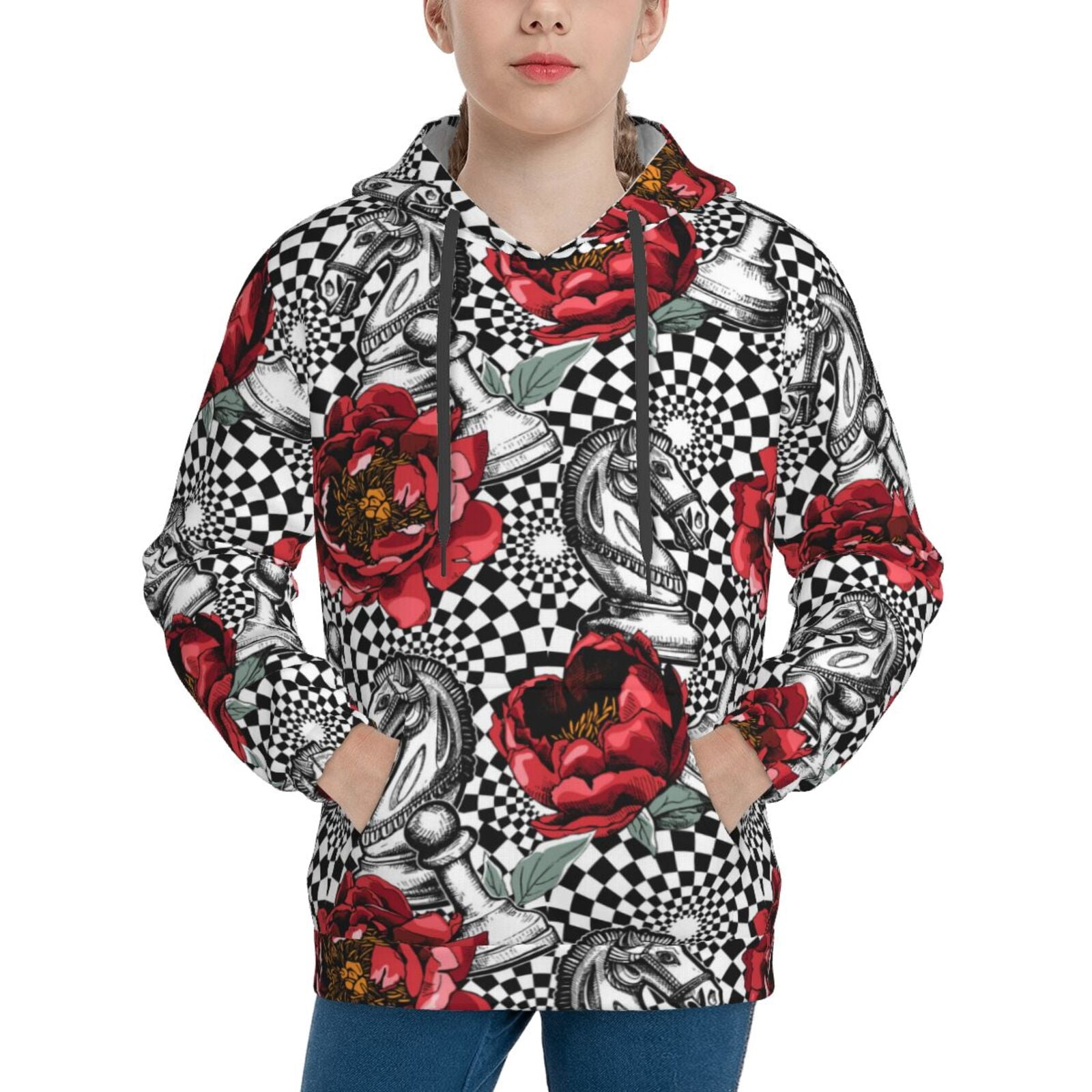 Hoodies for Teen Girls Boys - Red Peony Knight Chess checkered Warm ...