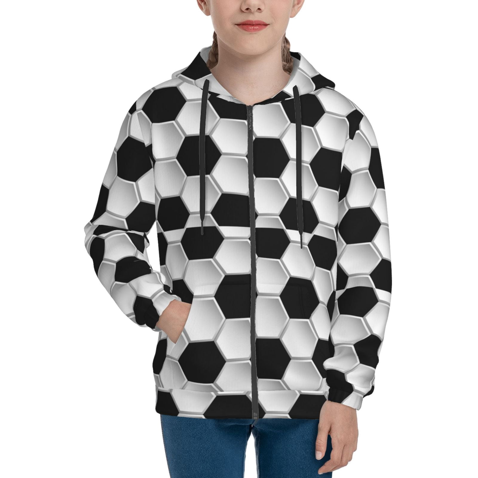 Hoodies for Teen Girls Boys, Soccer football black white print Long ...