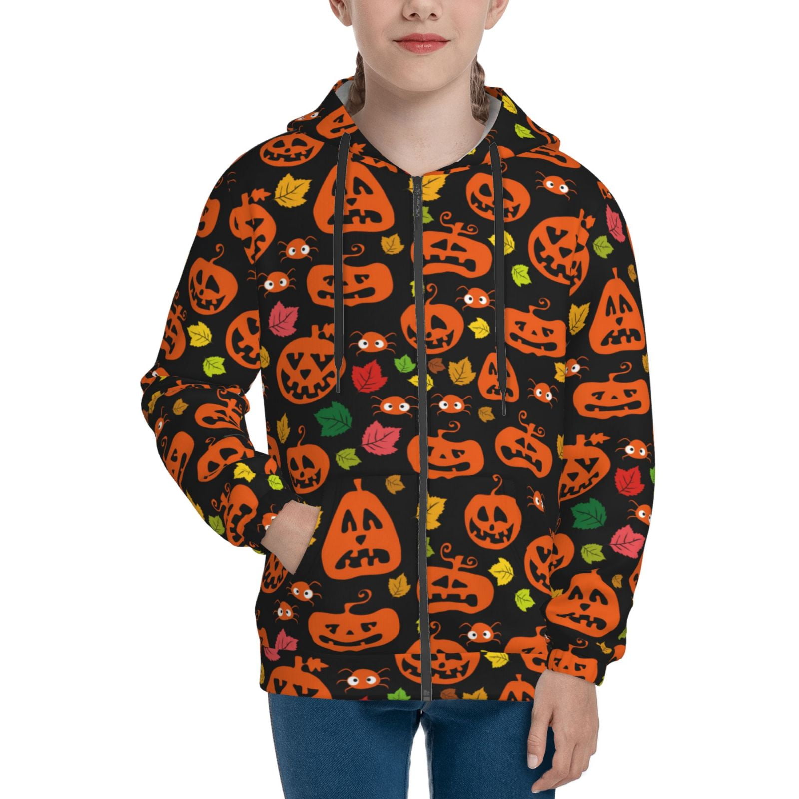 Hoodies for Teen Girls Boys, halloween spiders pumpkins Long Sleeve Youth Kids Essentials Zip Up ...