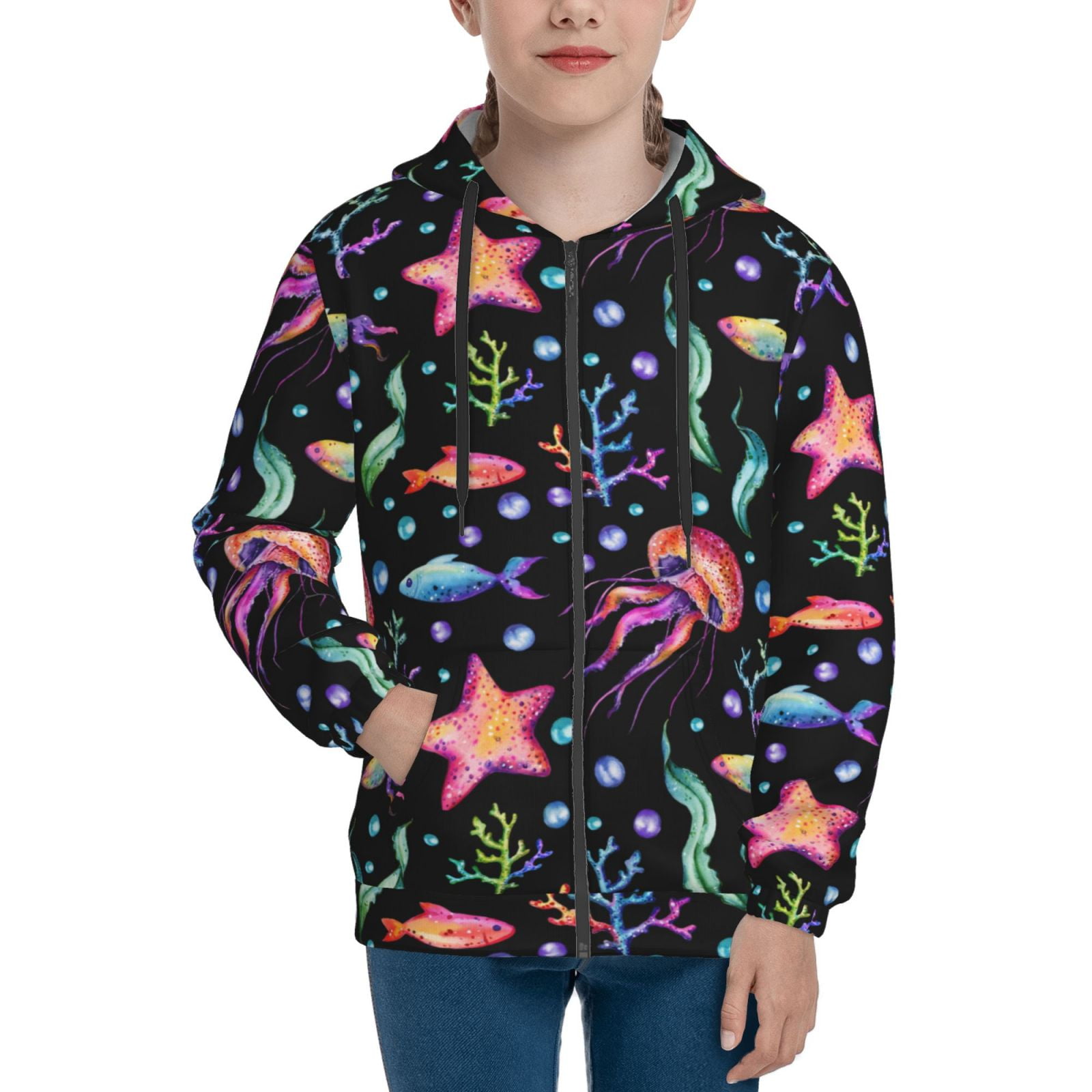 Hoodies for Teen Girls Boys, jellyfish starfish print Long Sleeve Youth Kids Essentials Zip Up ...