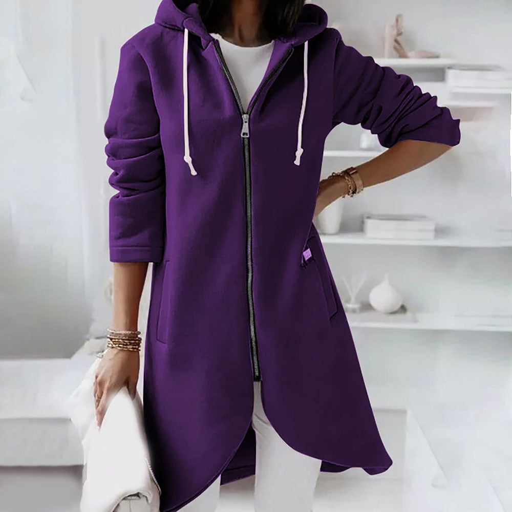 KONBECA Women's Zip up Hoodie, Solid Color, Long Coat with Irregular ...