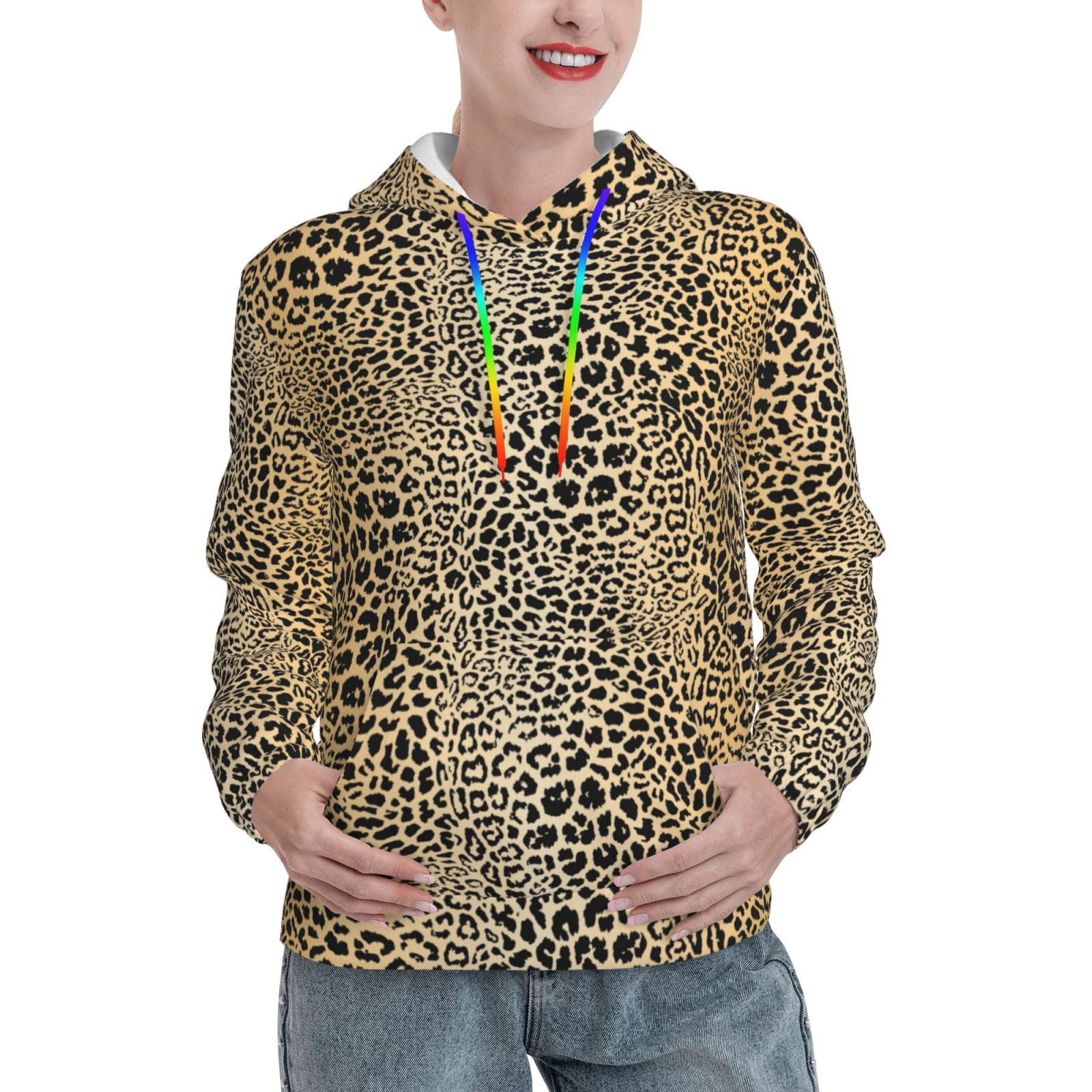 Hoodies for Women - Realistic leopard print beige Comfrt Colour Drawstring Women'S Fashion ...