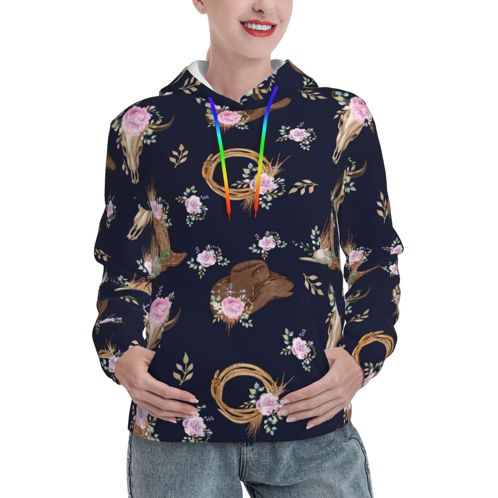 Hoodies for Women - cow skulls cowgirl flowers Comfrt Colour Drawstring ...