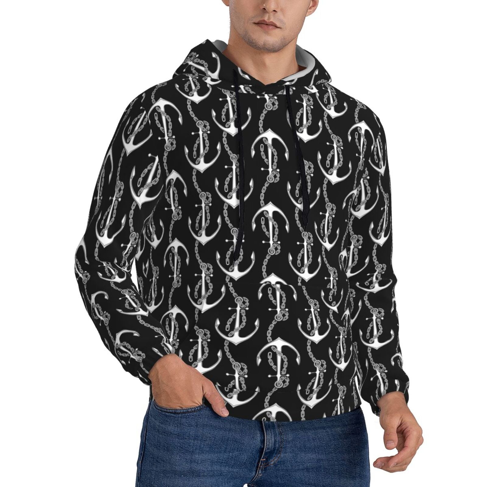 Hoodies for Men Anchor chain white black cool Long Sleeve Casual ...