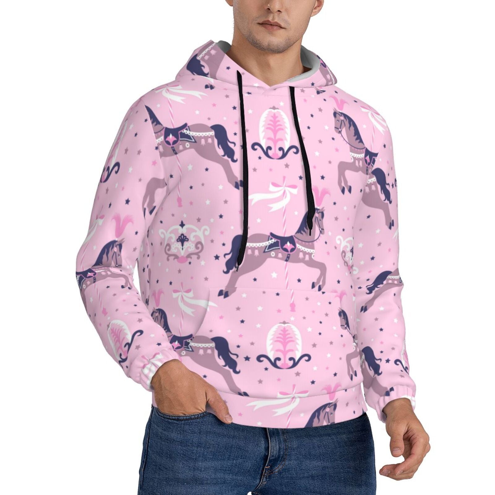 Hoodies for Men Exotic Cute Horse Star Pink Long Sleeve Casual ...
