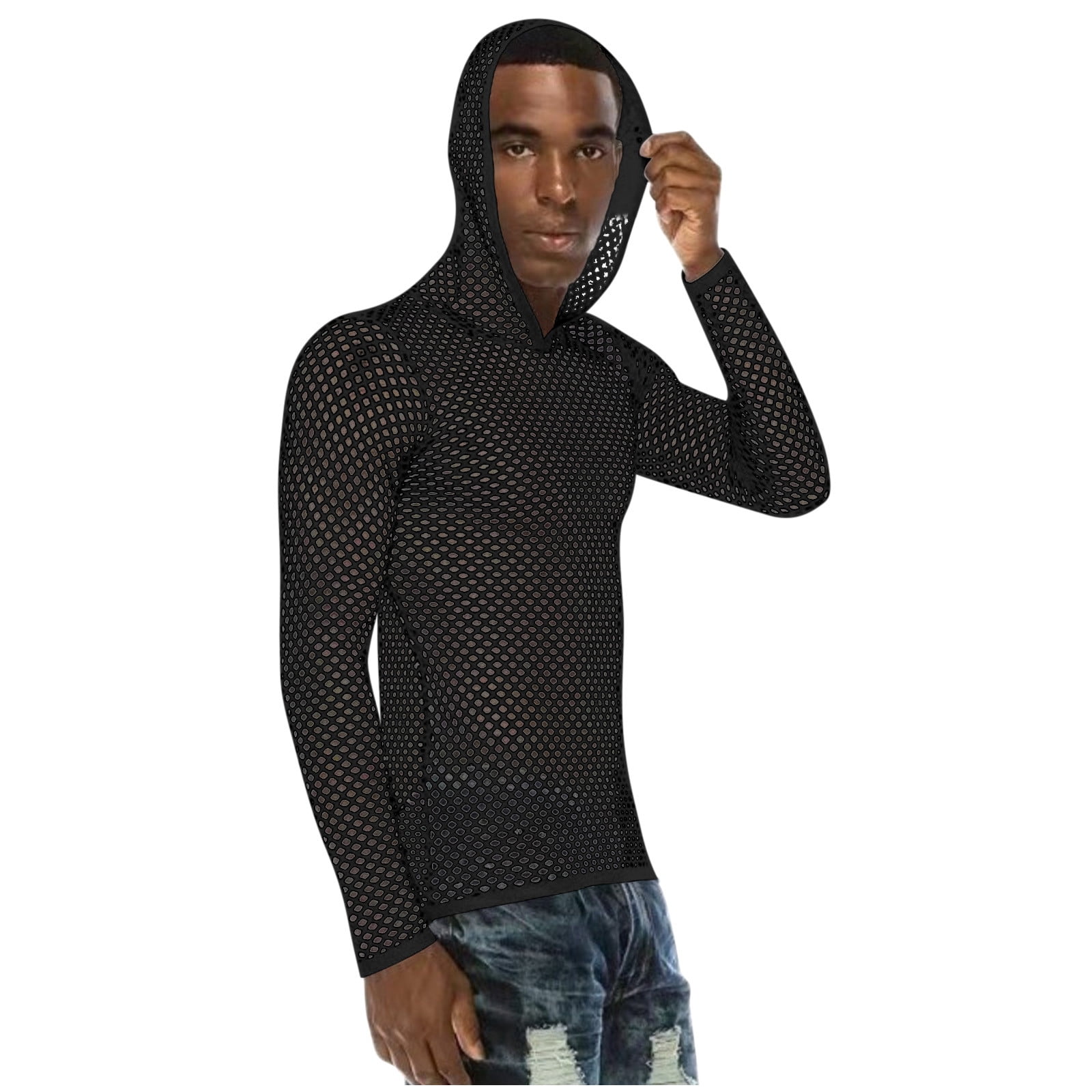 Hoodies for Men Fishnet Hoodie Mesh Shirt See Through Undershirt Sexy ...