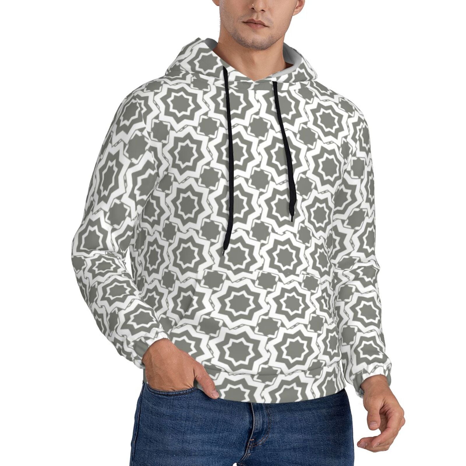 Hoodies for Men Gray Geometric Star Array Long Sleeve Casual Sweatshirt with Pocket, Drawstring ...