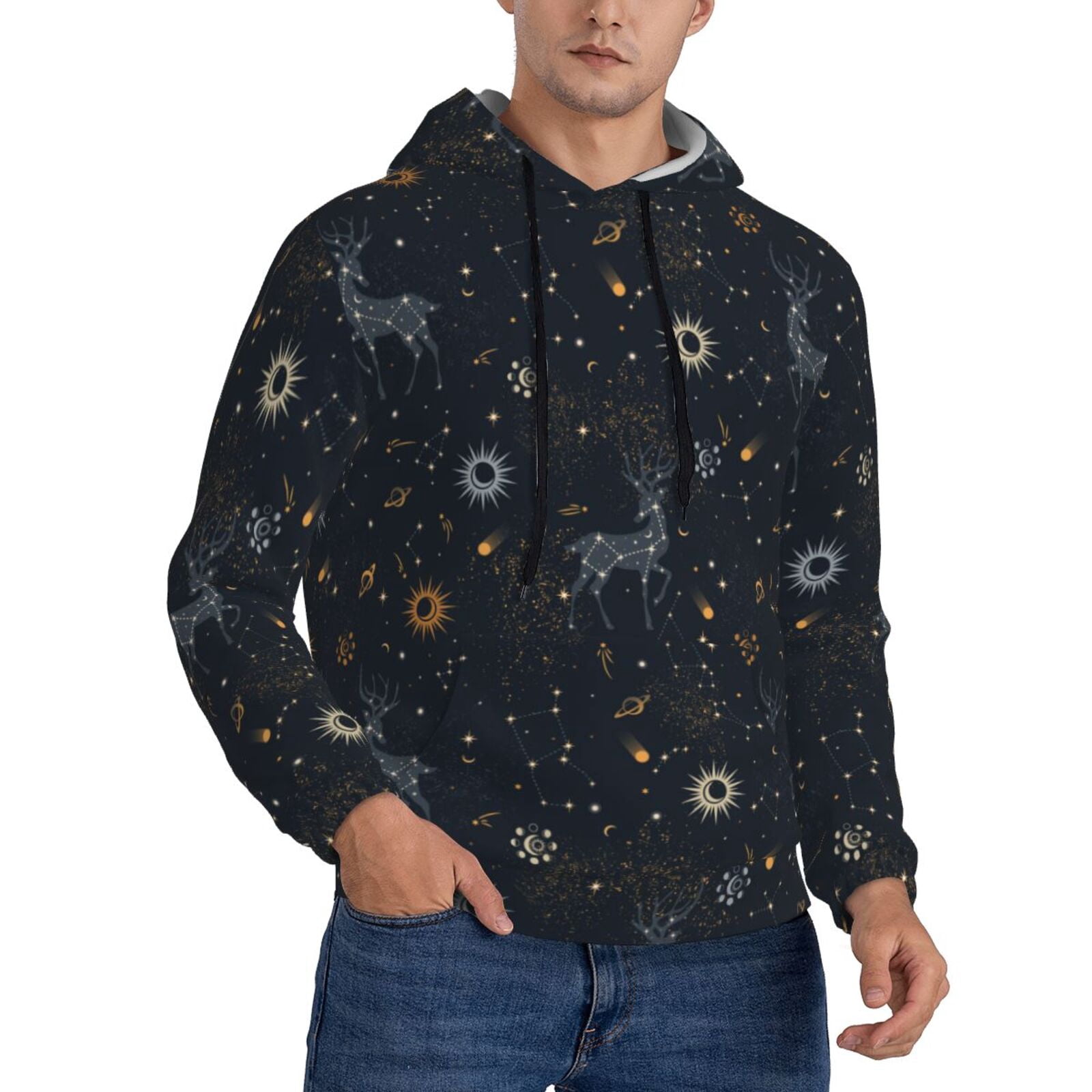Hoodies for Men Milky Way Sun Constellation Deer Long Sleeve Casual ...