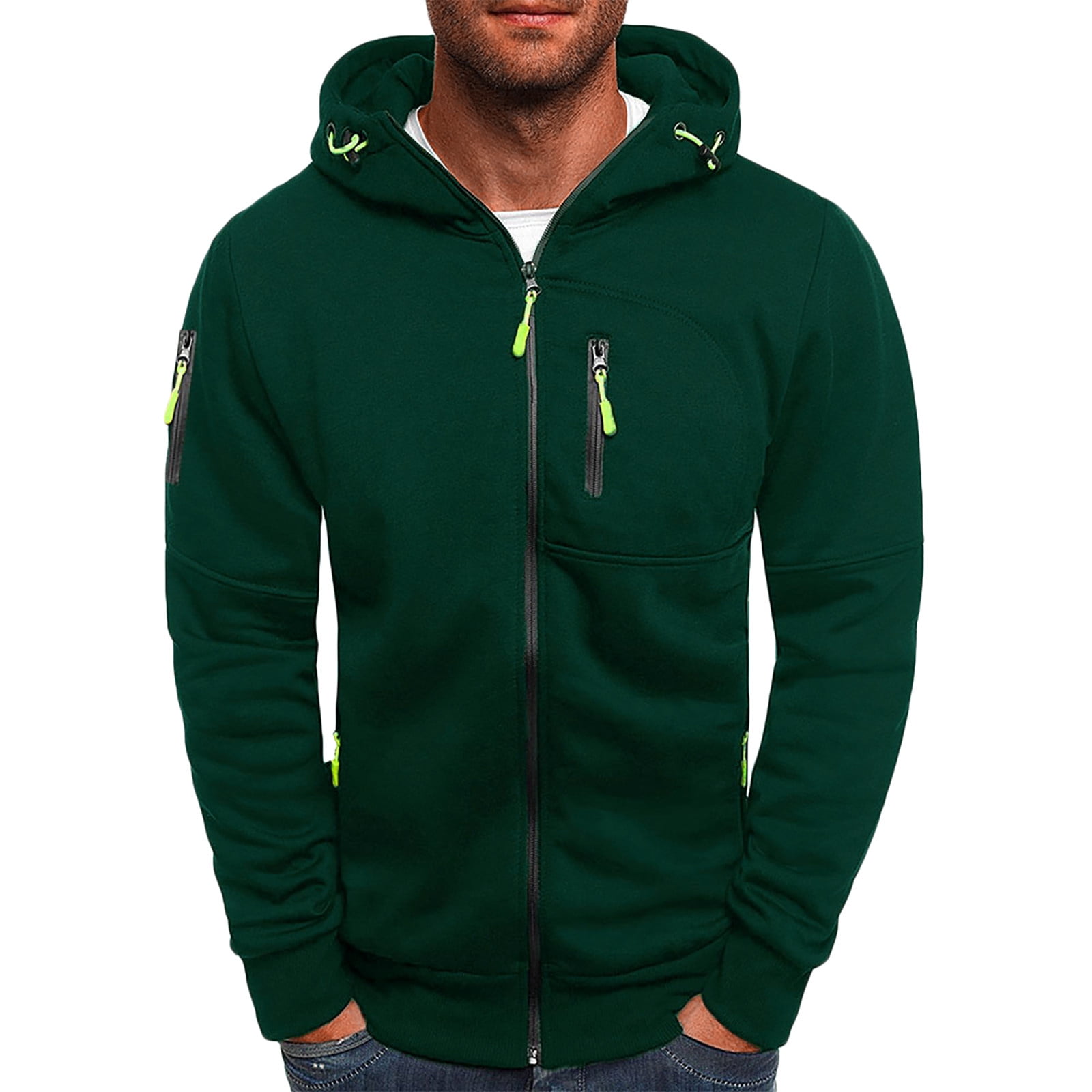 Hoodies for Men Zip Up Casual Drawstring Zip Jackets with Hood Green ...