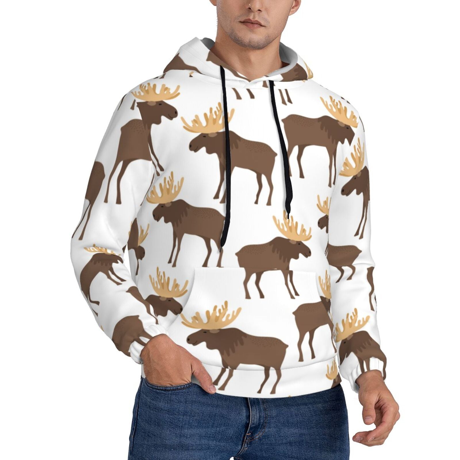 Hoodies for Men cute moose horns elk cartoon Long Sleeve Casual ...