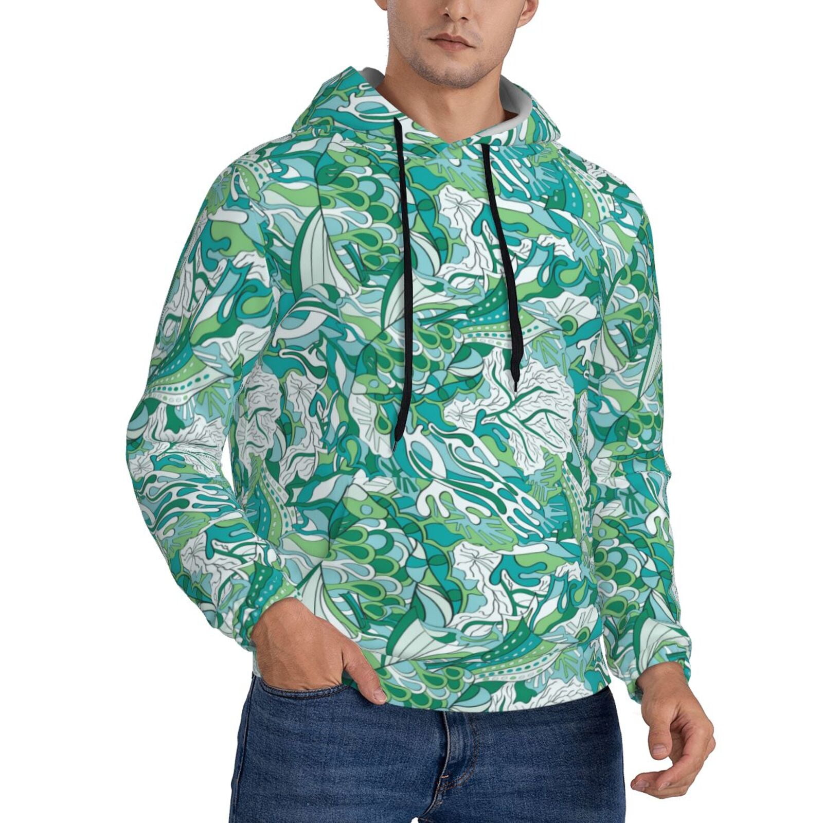 Hoodies for Men green doodle pattern Long Sleeve Casual Sweatshirt with ...