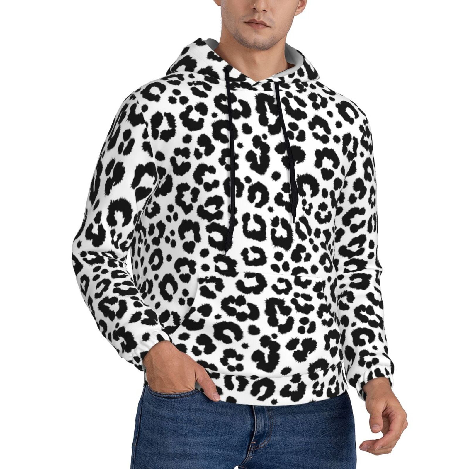 Hoodies for Men trendy black white Leopard print Long Sleeve Casual ...