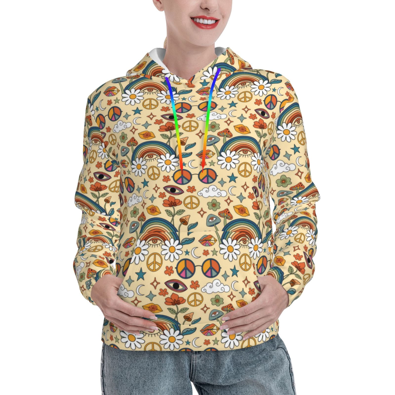 Hoodies for Women 70s Hippie Style Drawstring Sweatshirt with Pocket ...