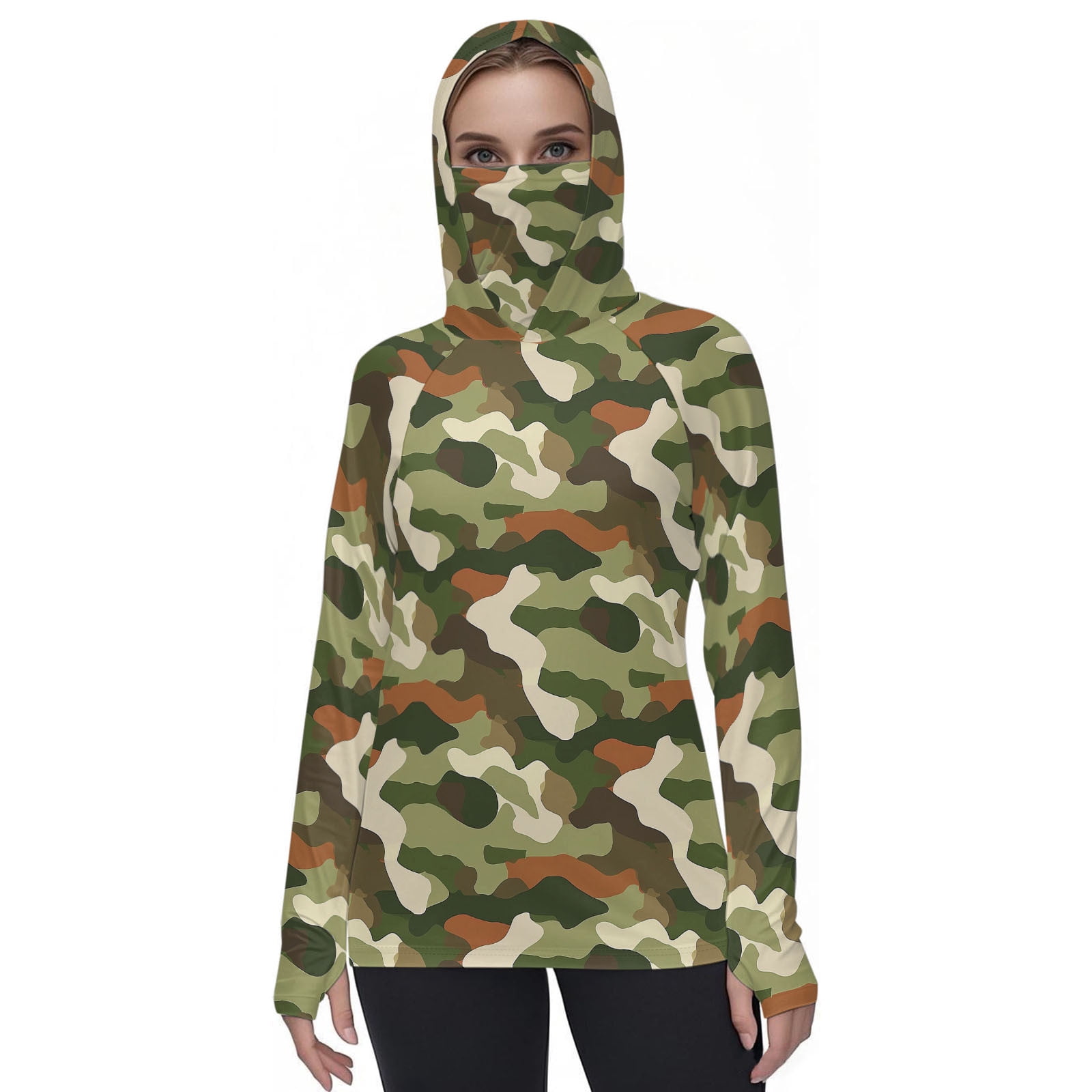 Hoodies for Women Camouflage Sun Protection Clothing with Mask Long ...