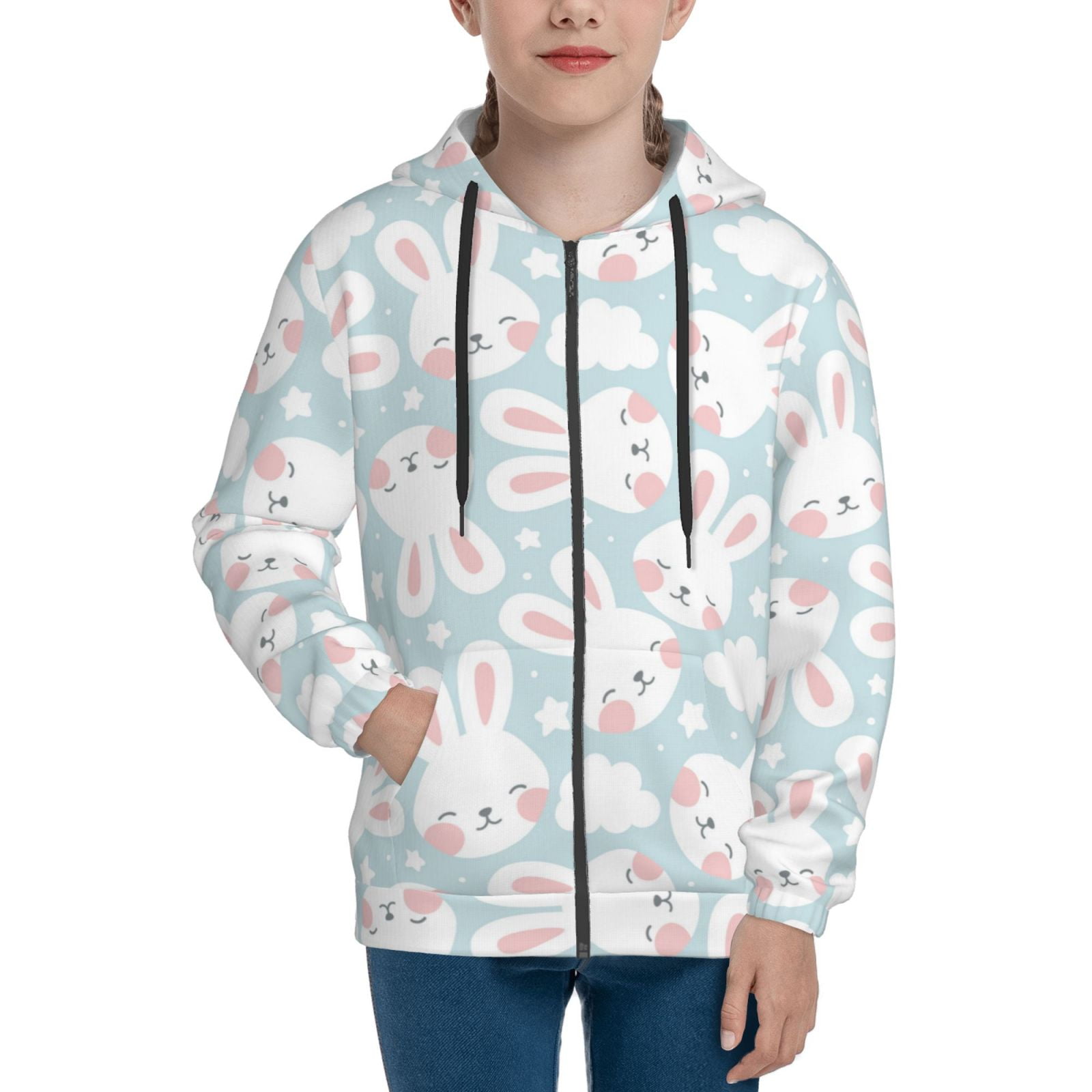 Hoodies for Women Cartoon Cute Rabbit Face Stars Long Sleeve Sweatshirt ...