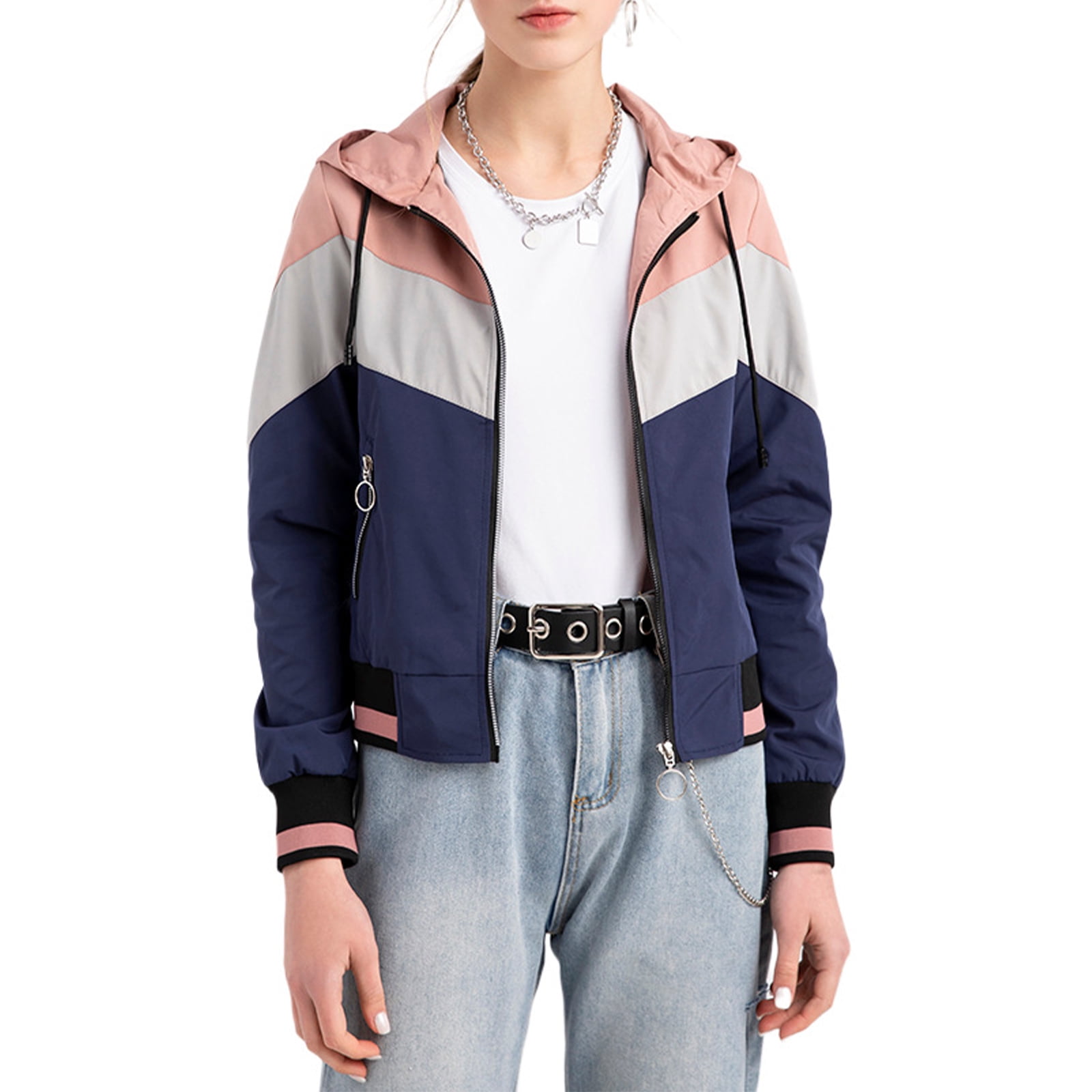 Hoodies for Women Color Block Hooded Sweatshirt Basic Zip-Up Jacket ...