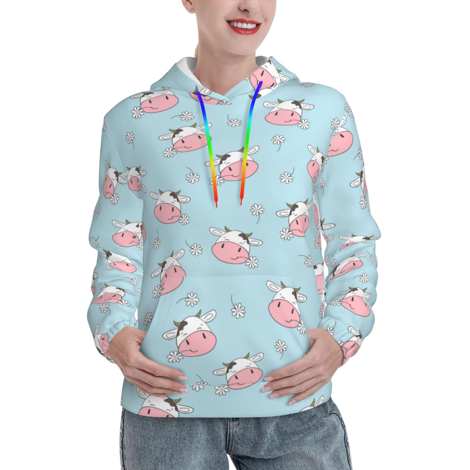 Hoodies for Women Cute Cartoon Bullhead Flower Drawstring Sweatshirt ...