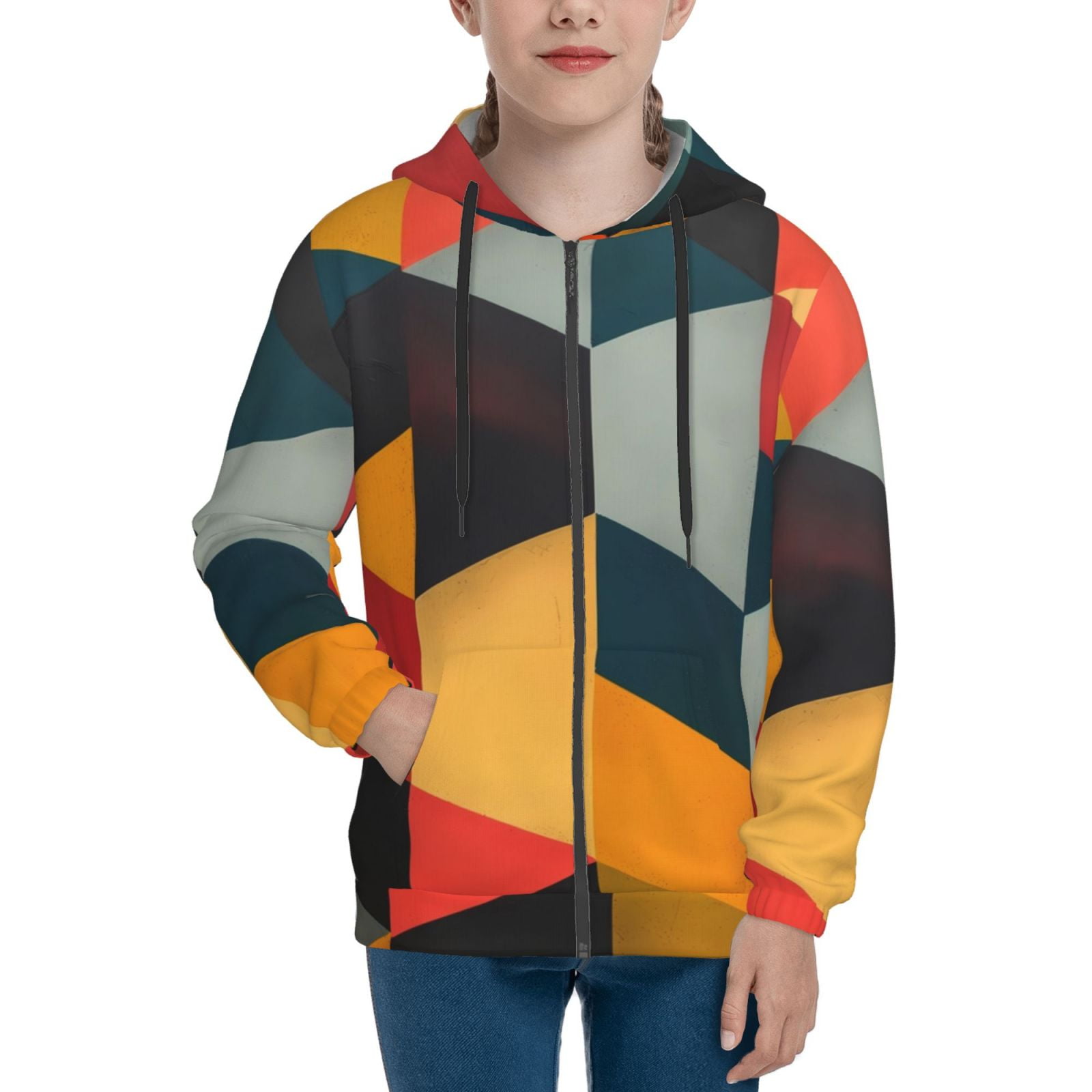 Hoodies for Women Geometric Cube Pattern Art Long Sleeve Sweatshirt, Drawstring Zip Up Hoodie ...