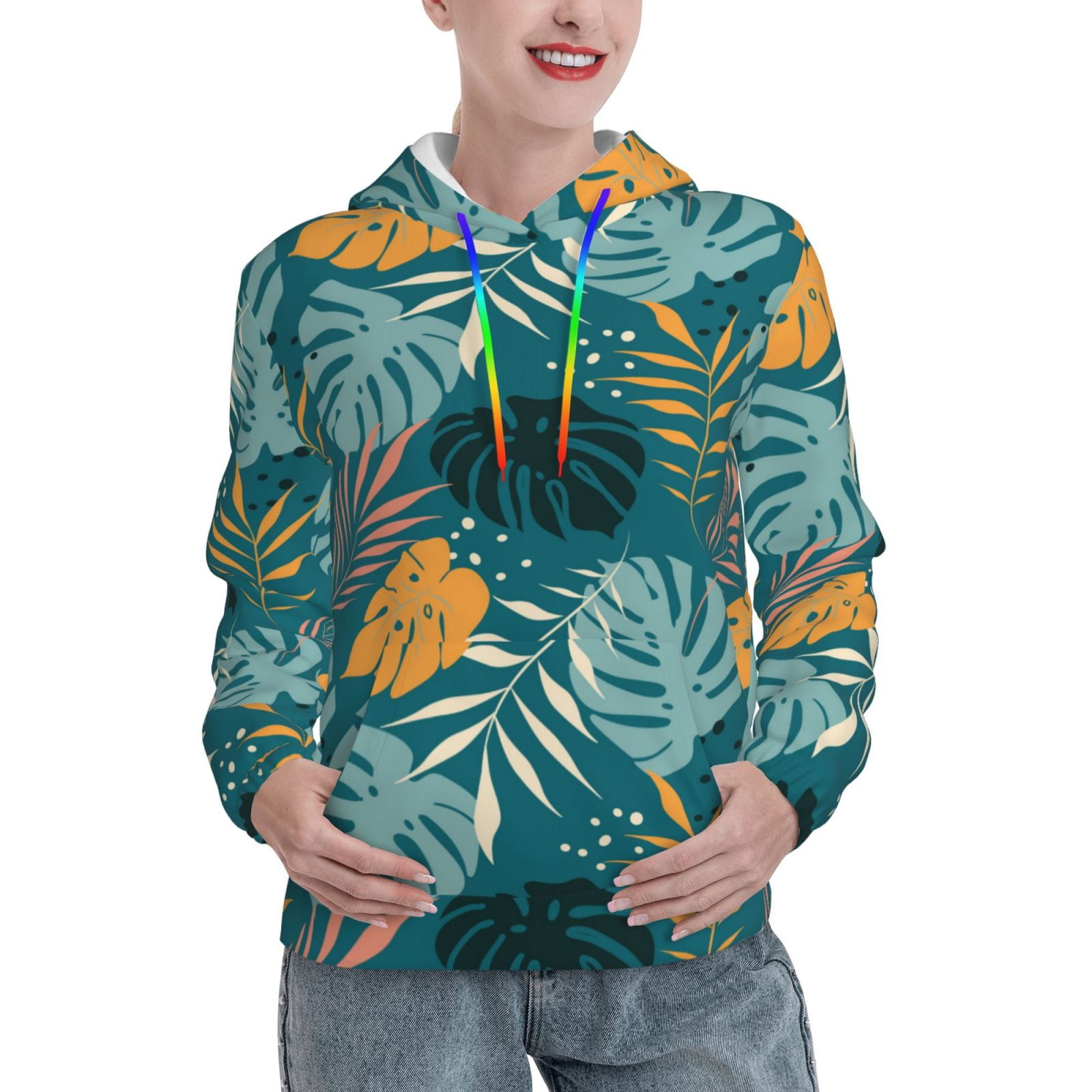 Hoodies for Women Hawaiian Style Cyan Blue Drawstring Sweatshirt with ...