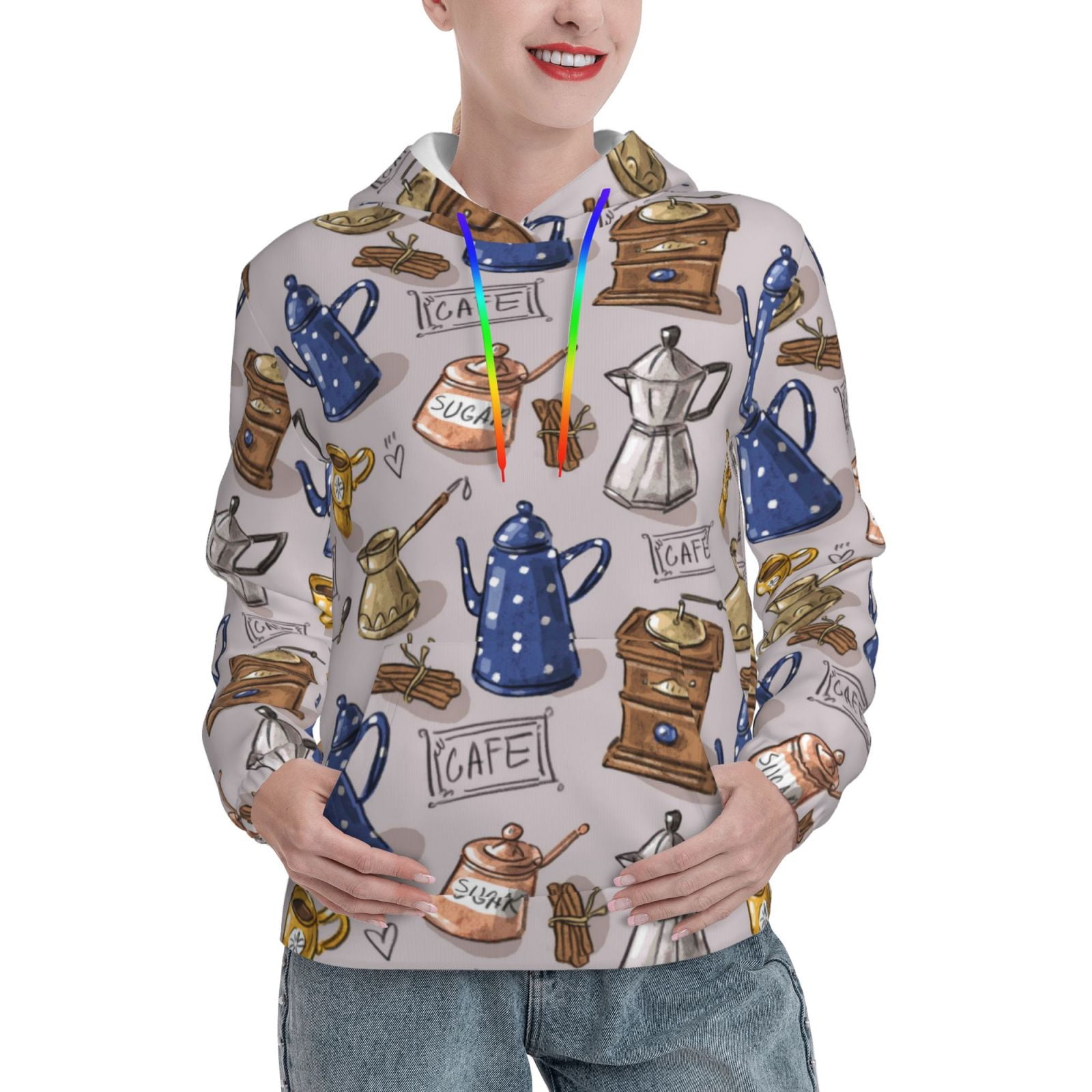 Hoodies for Women Vintage Teapot Coffee Grinder Drawstring Sweatshirt ...