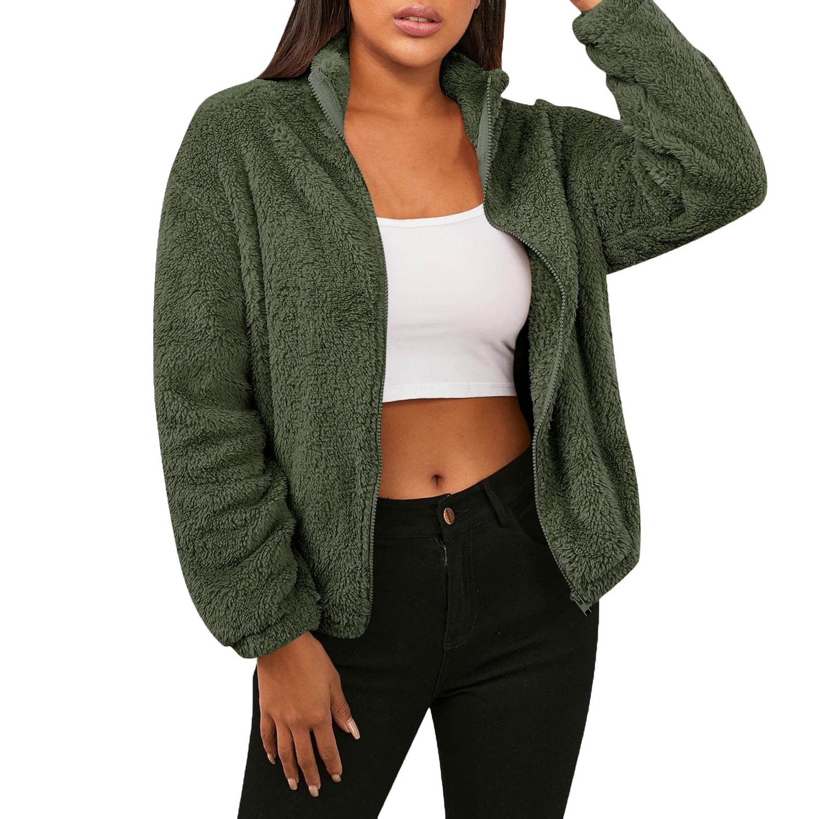 Hoodless Jackets for Women Fashion Solid Color Winter Zipper Warm Long ...