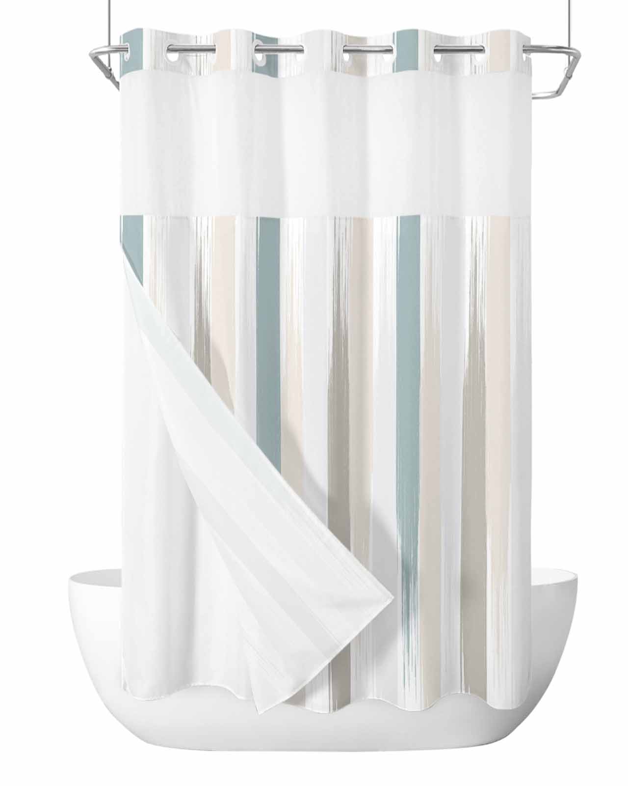 No Hook Abstract, Shower Curtain with Snap in Liner Set, Beige Teal ...