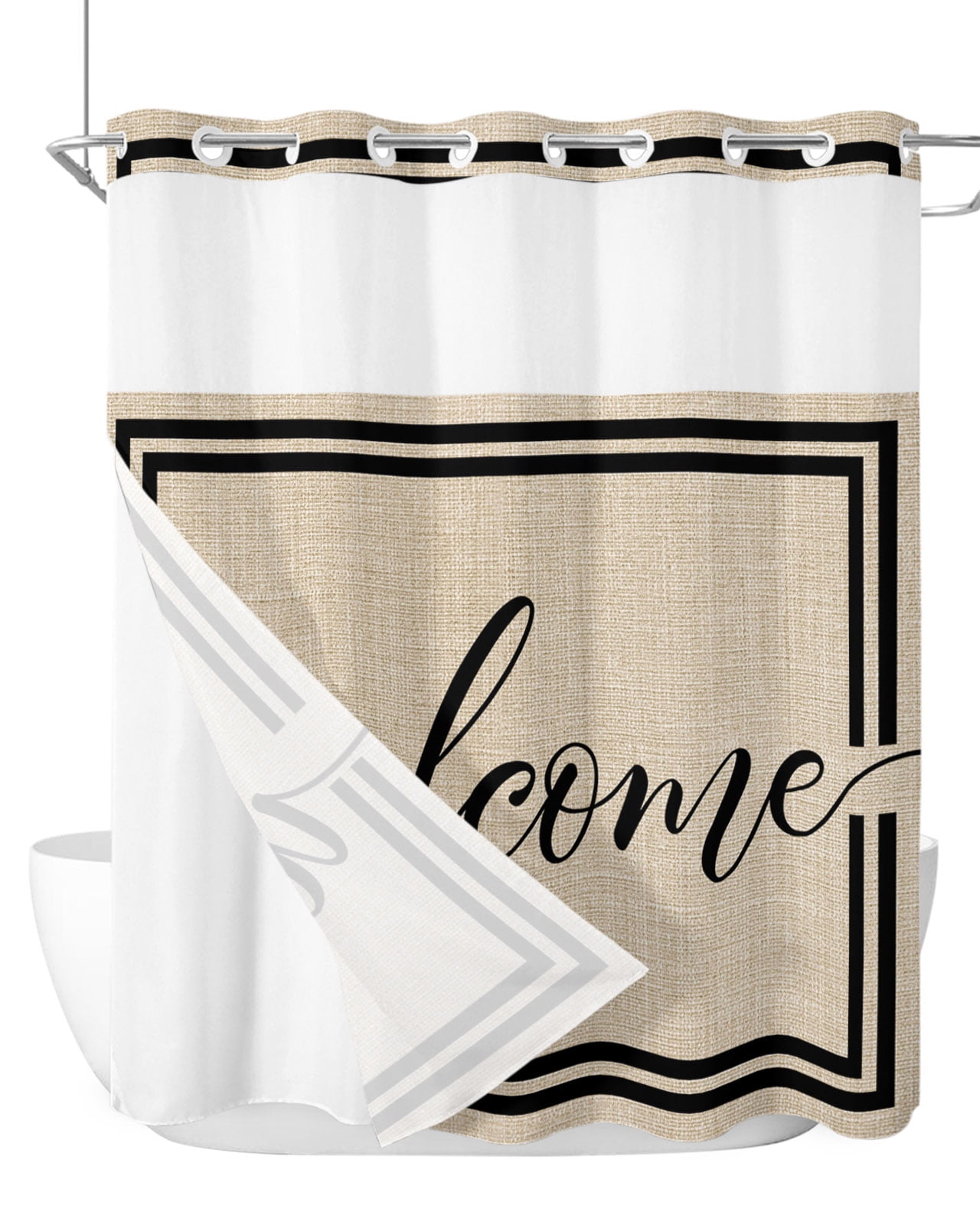 No Hook Cloth Fabric Shower Curtain with Snap in Liner, Beige Welcome ...
