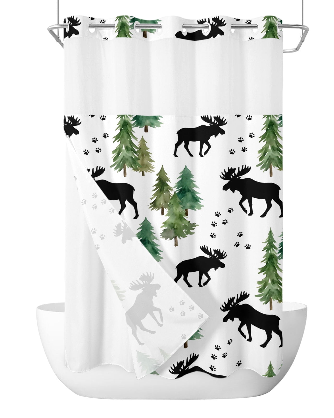 No Hook Cloth Fabric Shower Curtain with Snap in Liner, Black Green ...