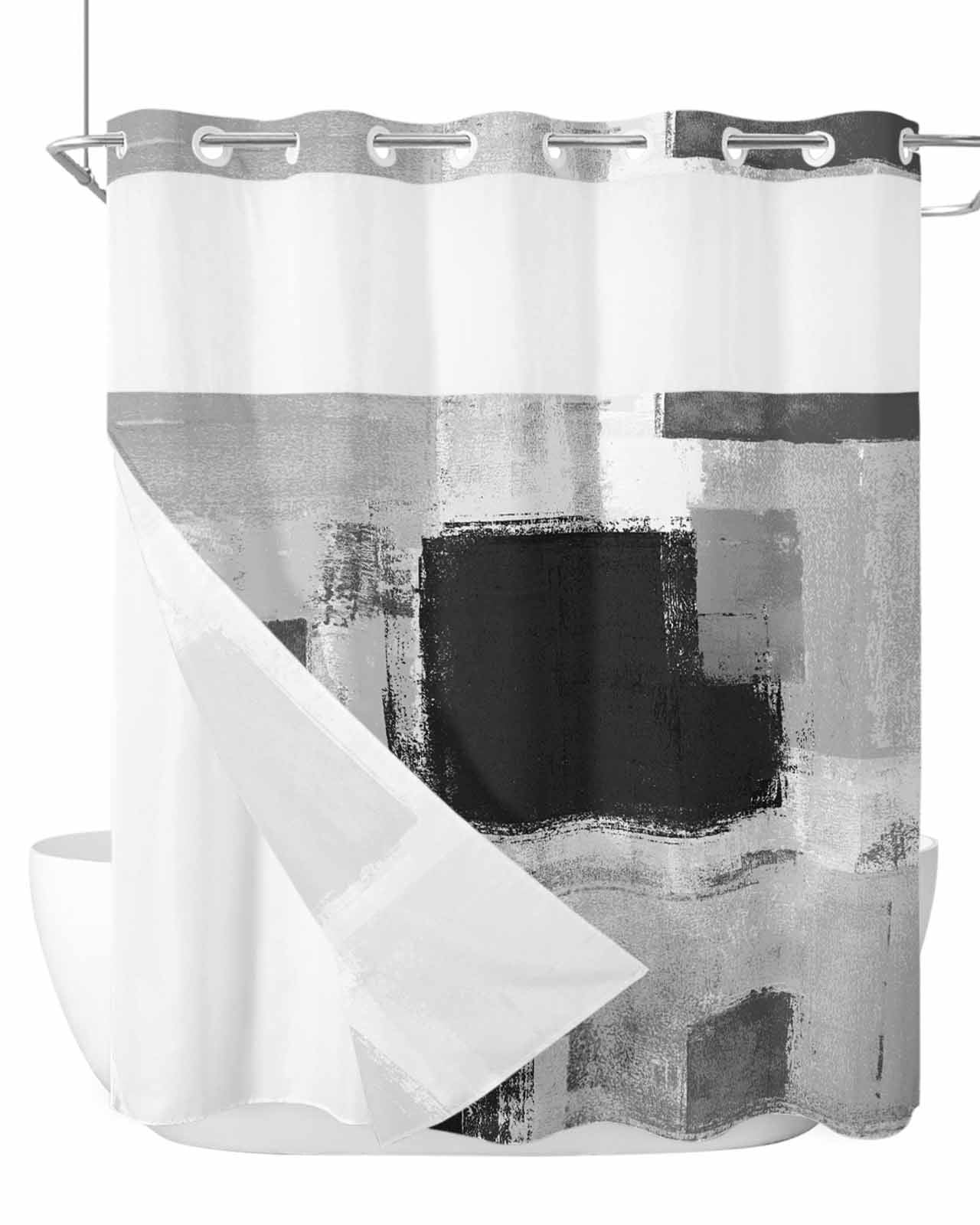 No Hook Cloth Fabric Shower Curtain with Snap in Liner, Black Grey ...
