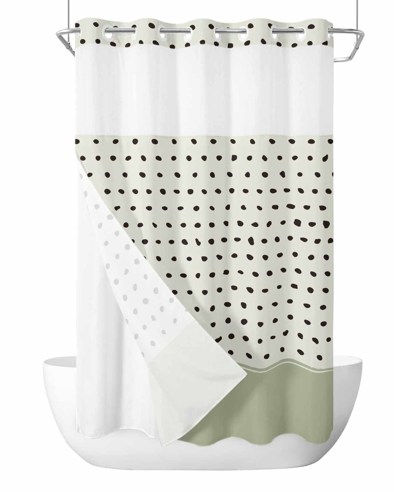 No Hook Cloth Fabric Shower Curtain with Snap in Liner, Black Polka Dot ...