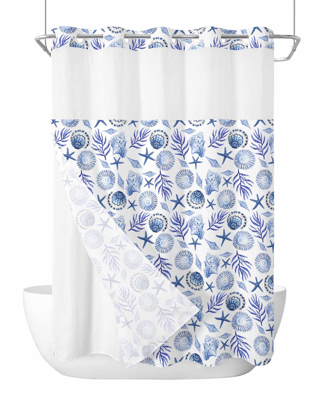 No Hook Cloth Fabric Shower Curtain with Snap in Liner, Blue Beach ...