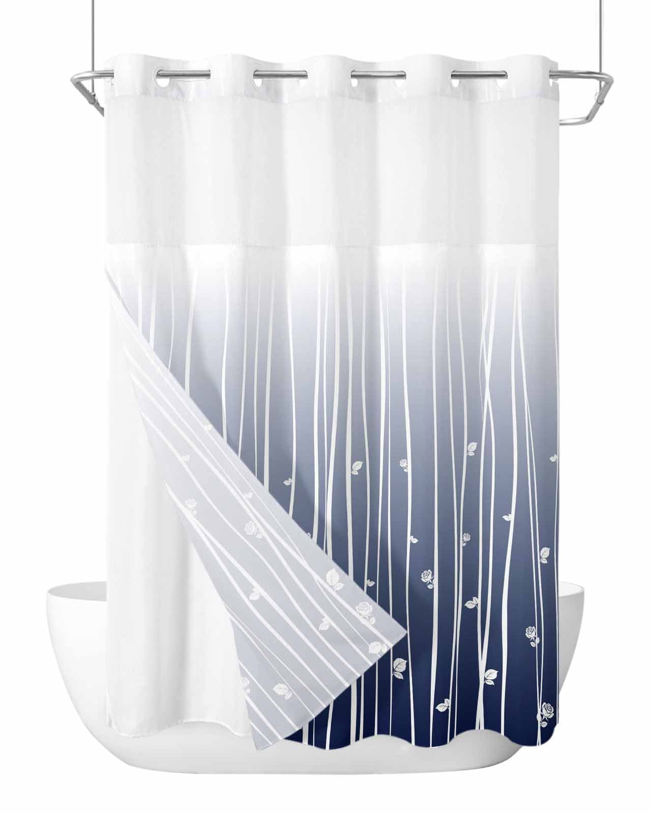 No Hook Cloth Fabric Shower Curtain with Snap in Liner, Blue Floral ...