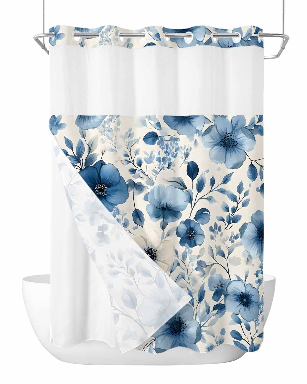 No Hook Cloth Fabric Shower Curtain with Snap in Liner, Blue Flower ...