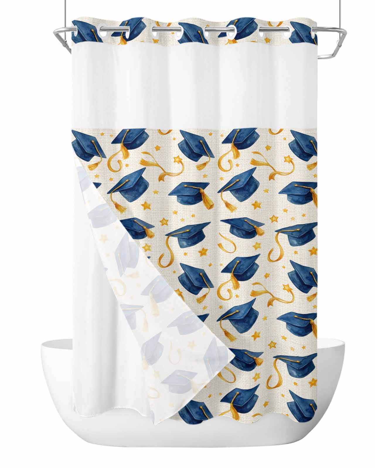 No Hook Cloth Fabric Shower Curtain with Snap in Liner, Blue Graduation ...