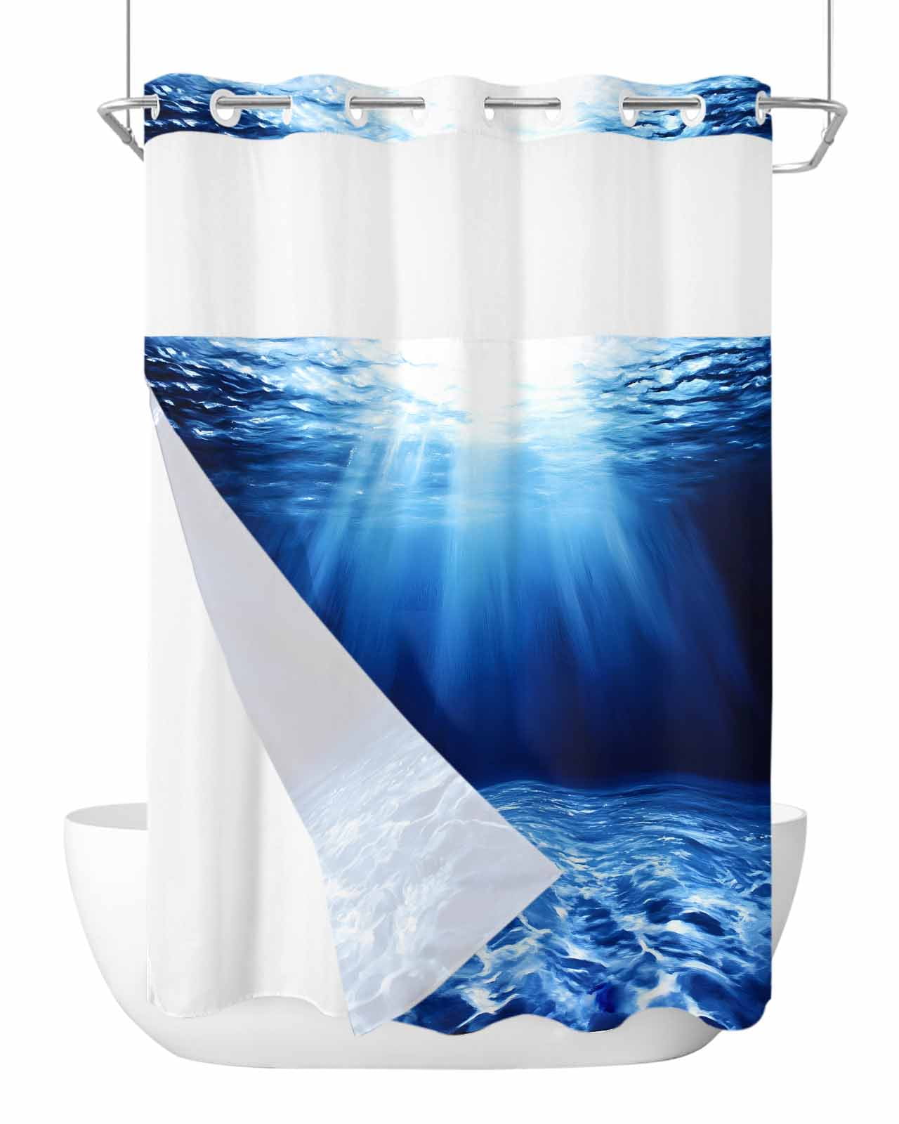 No Hook Cloth Fabric Shower Curtain with Snap in Liner, Blue Ocean ...