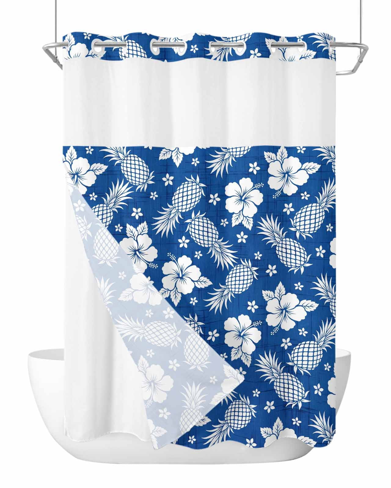No Hook Cloth Fabric Shower Curtain with Snap in Liner, Blue Pineapple ...