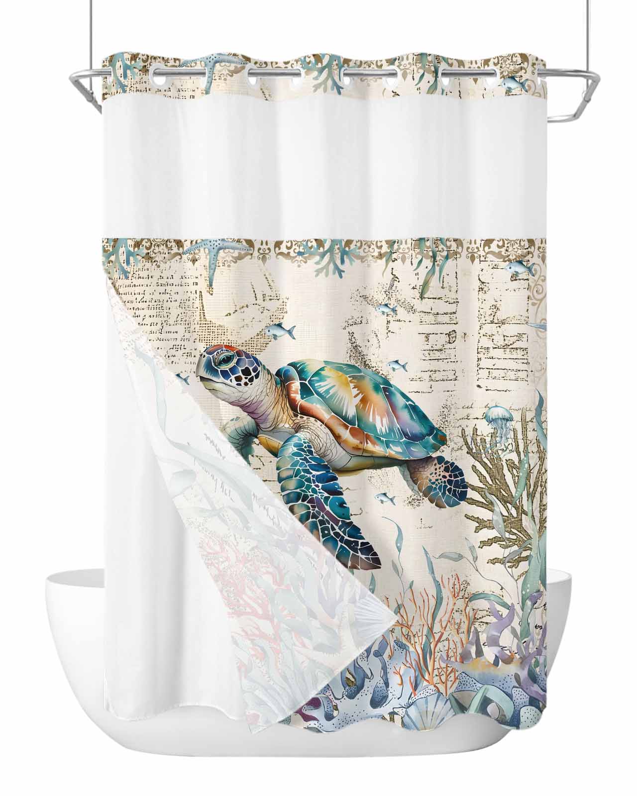 No Hook Cloth Fabric Shower Curtain with Snap in Liner, Blue Sea Turtle ...